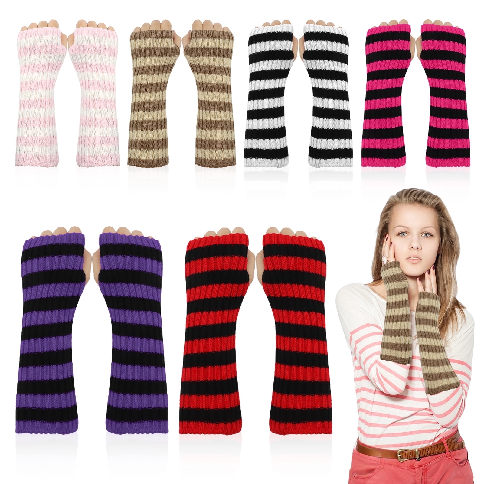 VEGCOO 6-Pair Cute Arm Warmers, Striped Knit Glove Set, Y2K Harajuku ...