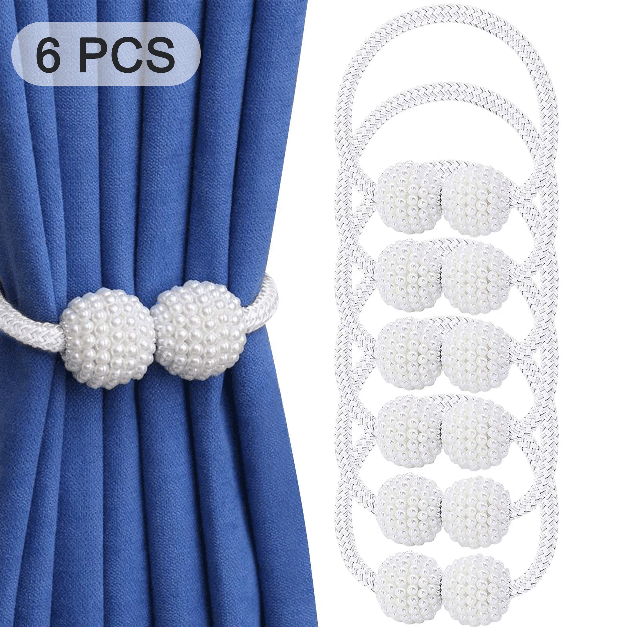 VEGCOO 6 pcs Magnetic Curtain Tiebacks – Elegant Pearl Rope Holdbacks ...