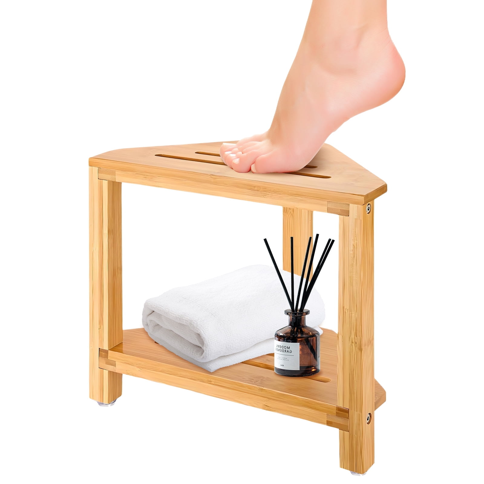 VEGCOO Bamboo Shower Stool with Storage Rack & Non-Slip Design - 2-Tier ...