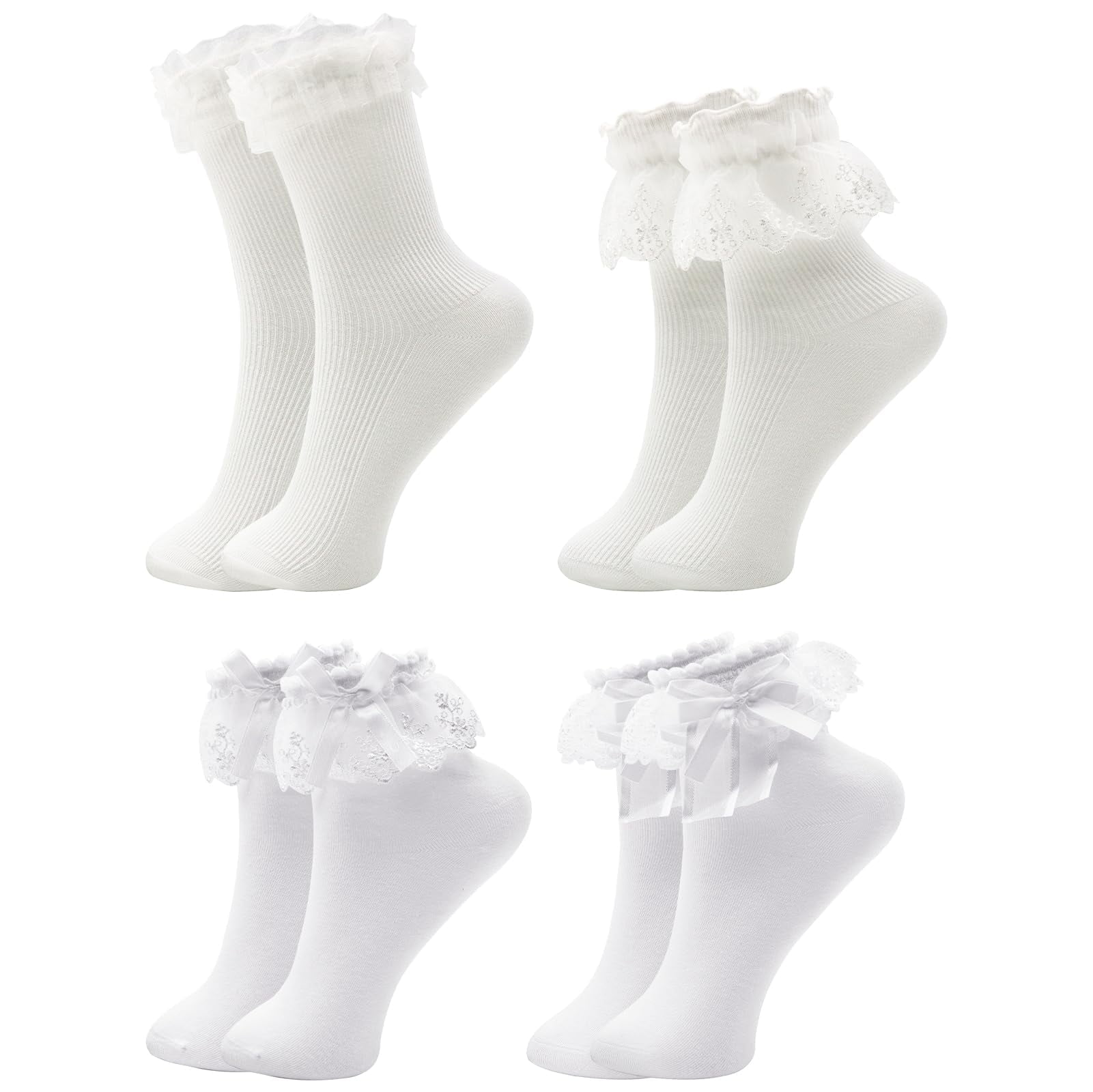 VEGCOO Lace Topped Socks, White Ruffle Socks with Bow, Floral Lace Trim ...