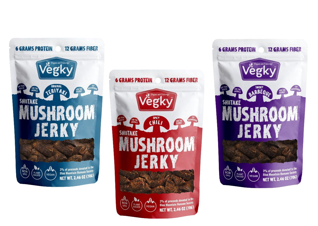 VEGKY Vegan Shiitake Mushroom Jerky Bites, 3 Pack - Teriyaki, Spicy ...