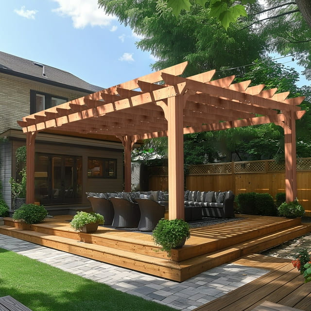 VEIKOUS 12' X 16' Outdoor Cedar Wood Pergola w/ Unparalleled Slatted ...