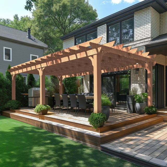 VEIKOUS 12' X 20' Outdoor Cedar Wood Pergola w/ Slatted Roof and Ground ...