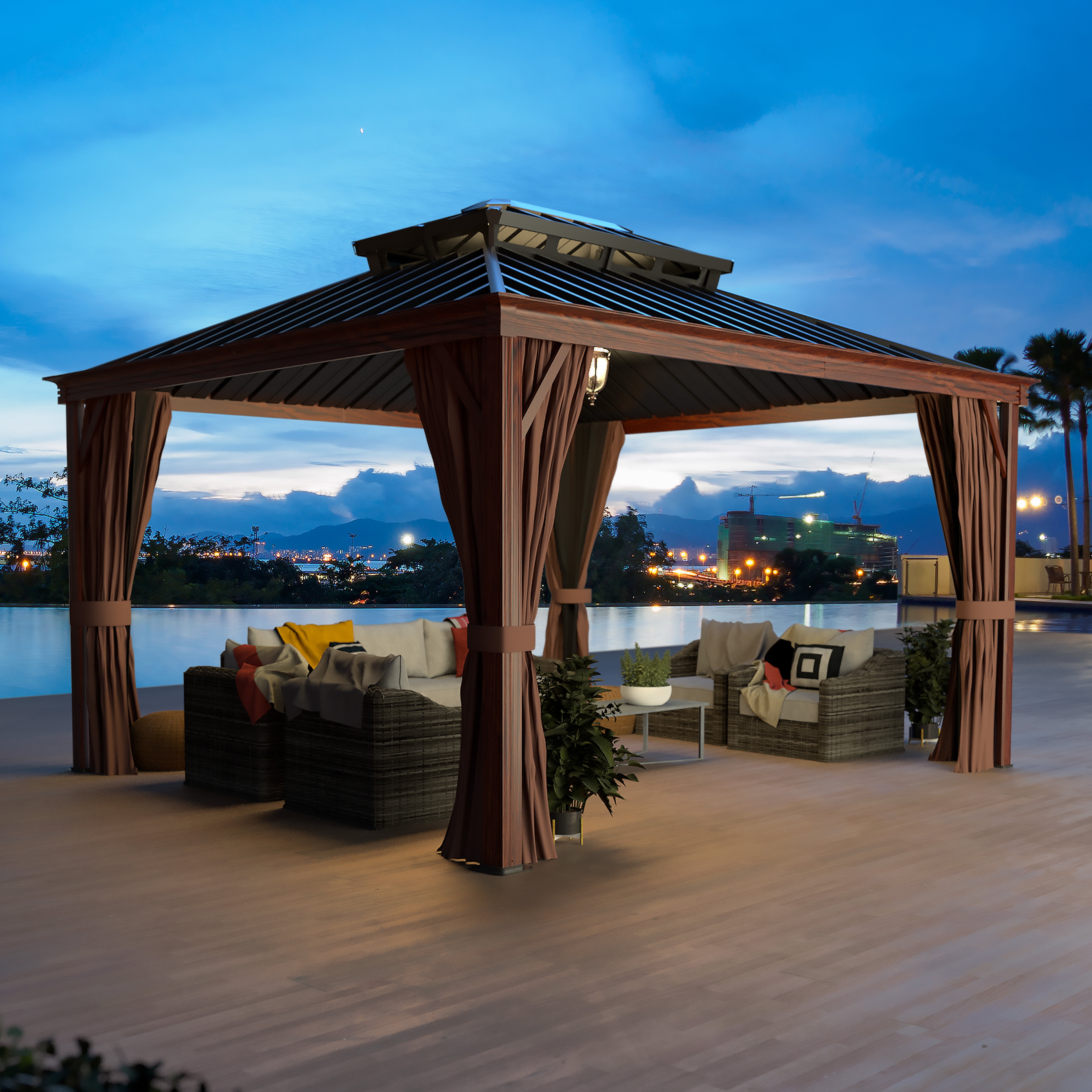 VEIKOUS 12'x10' Hardtop Patio Gazebo, Galvanized Steel & Wooden Cover ...