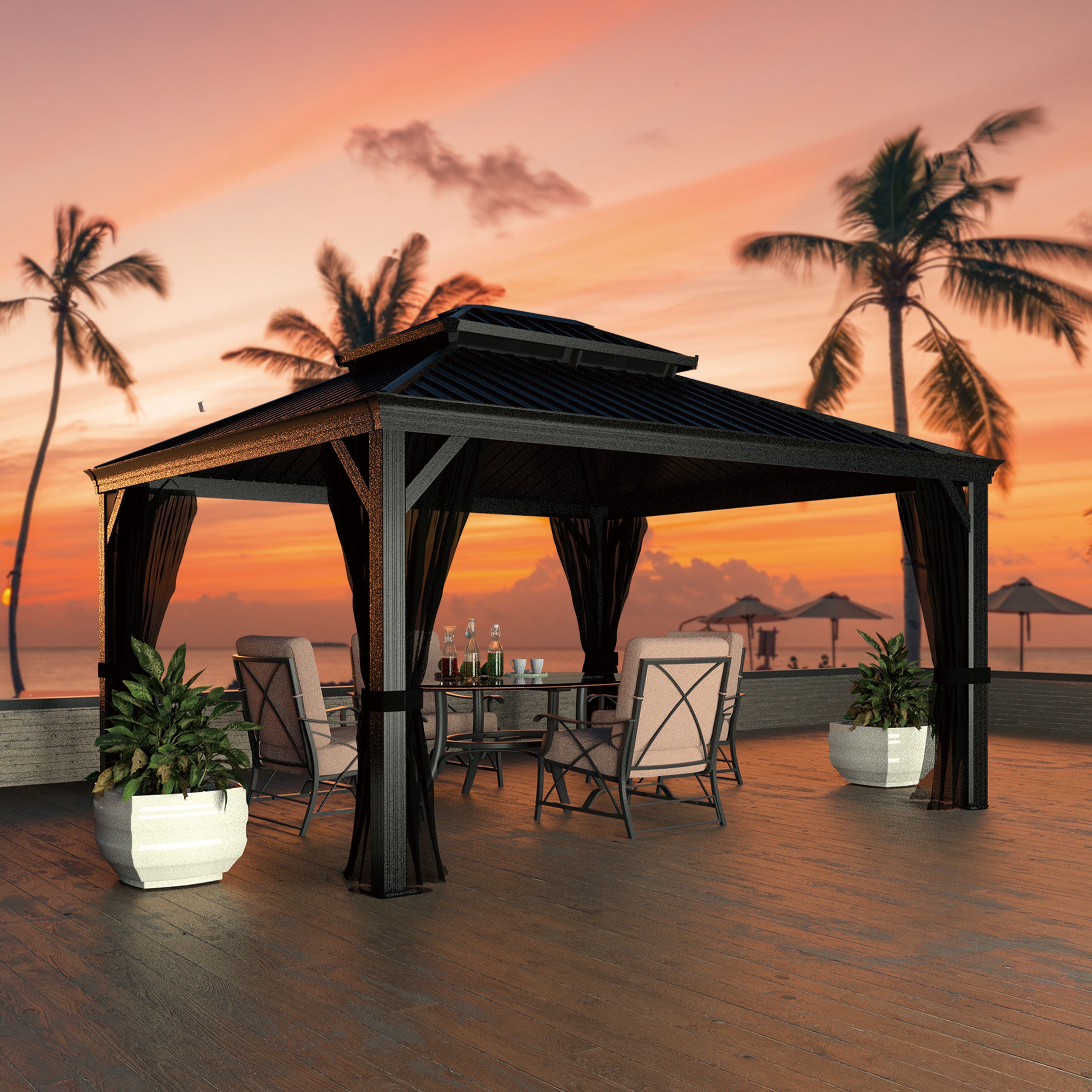 VEIKOUS 12'x10' Outdoor Hardtop Gazebo W/ Double Roof, Netting & Hooks ...