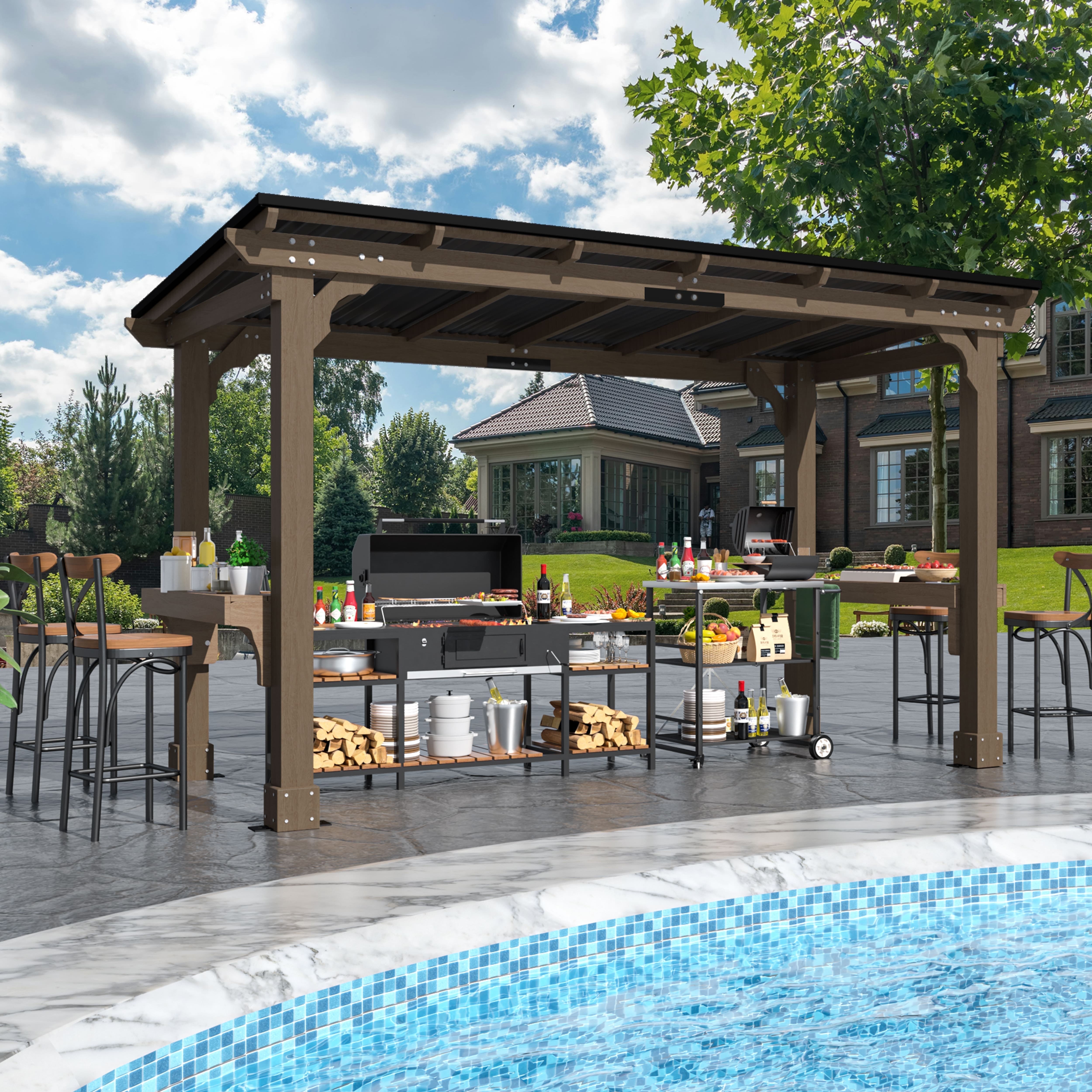VEIKOUS 13'x6' Outdoor Wooden Grill Gazebo, Light Mocha Brown BBQ ...