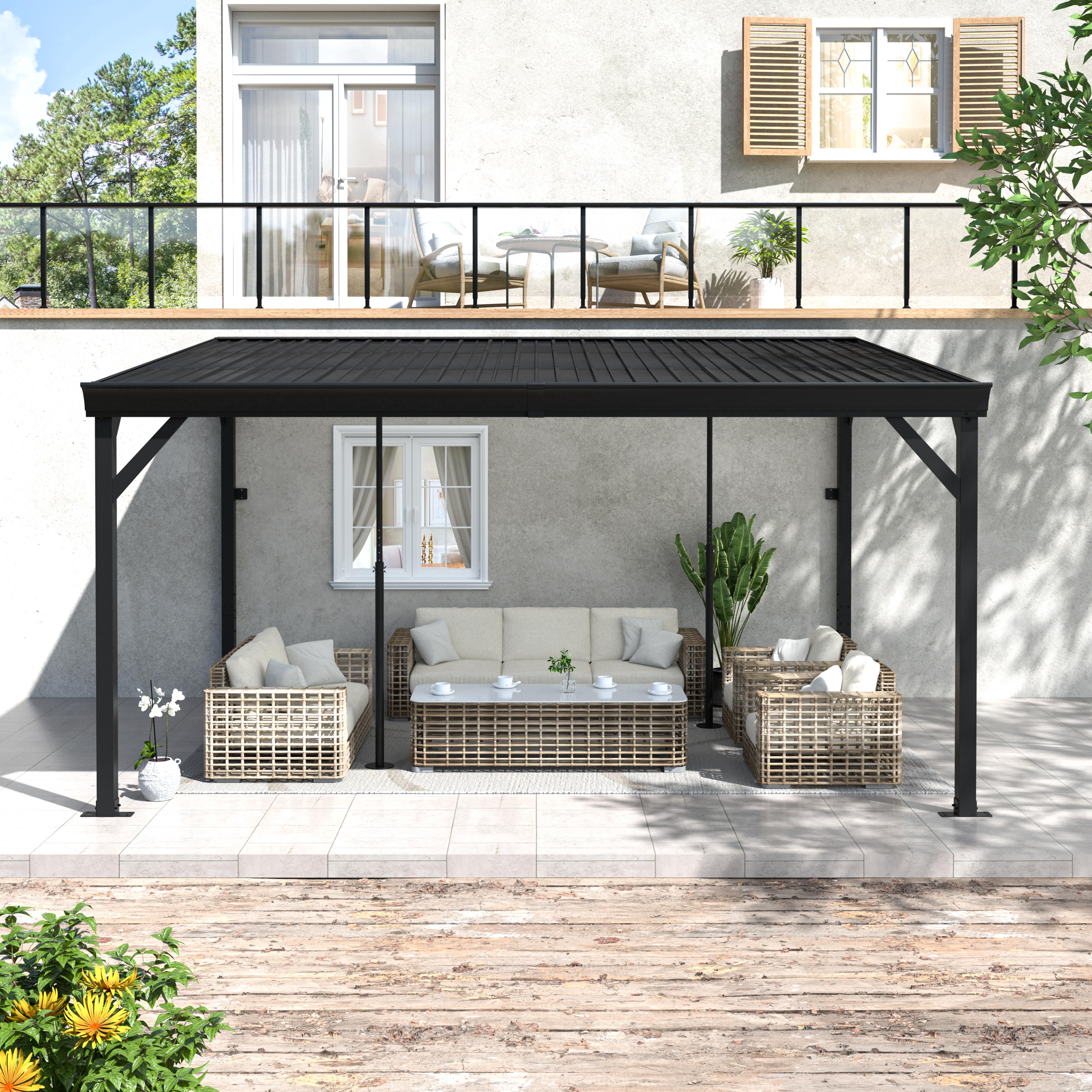 VEIKOUS 14' x 10' Hardtop Lean-to Gazebo, Outdoor Wall-Mounted Leaning ...
