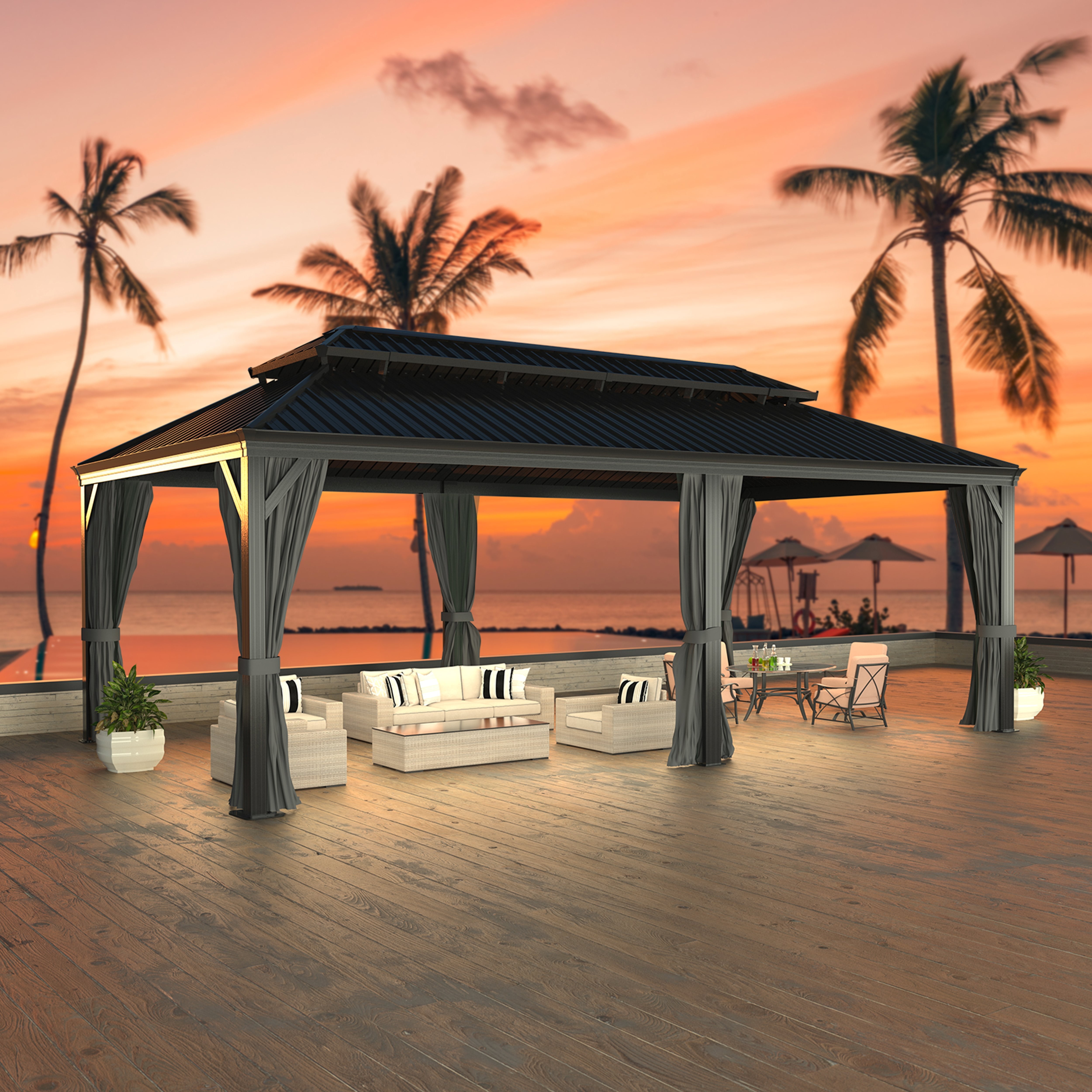 VEIKOUS, Hardtop Gazebo, 14' x 20', Double Roof Metal with Gutters ...