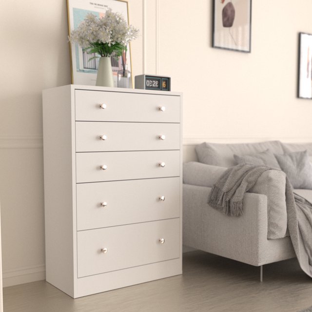 VEIKOUS White 5-Drawer Dresser Chest with Metal Knobs, Stylish ...