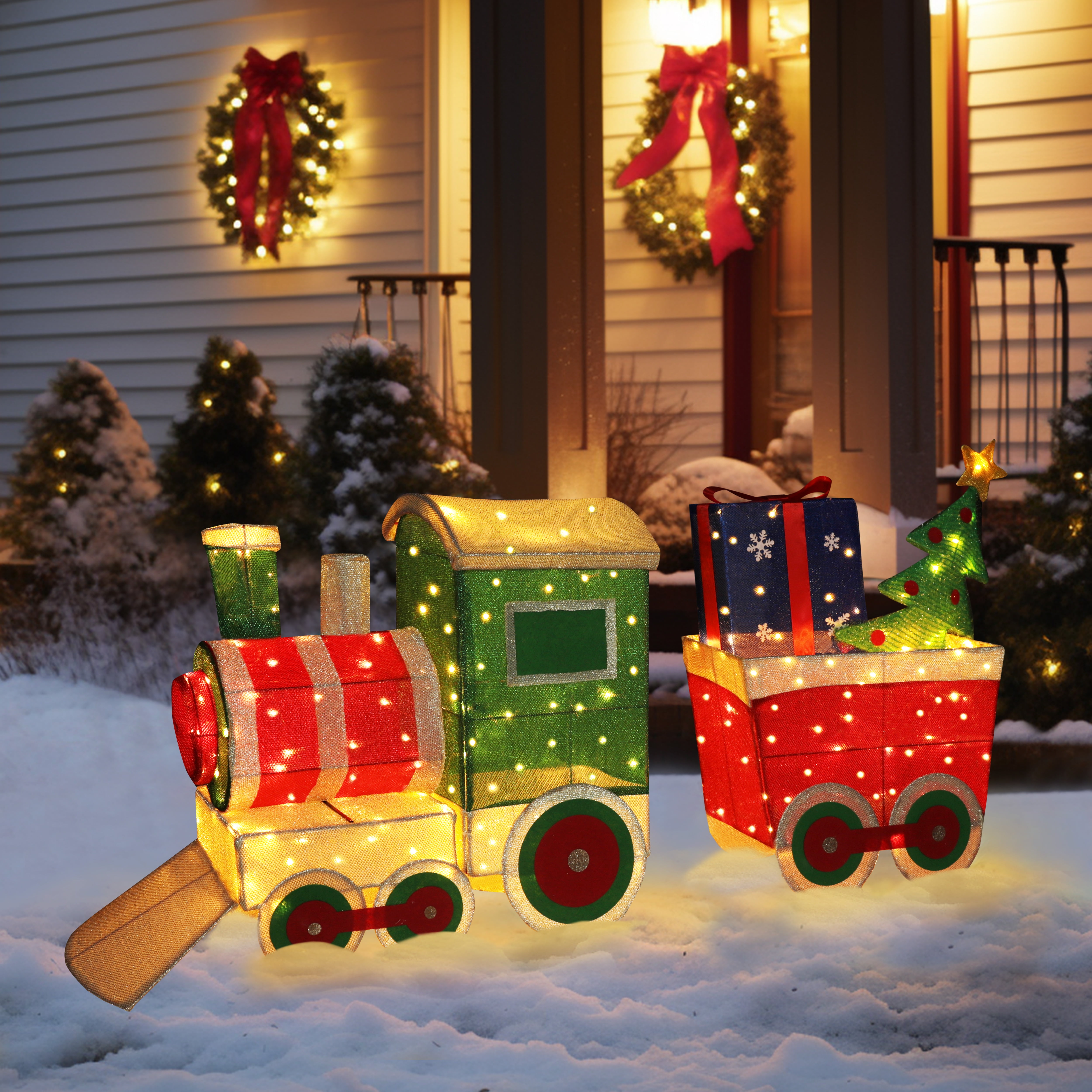 VEIKOUS 5ft Christmas Train Set, 3D Pre-Lit Christmas Train Decoration ...