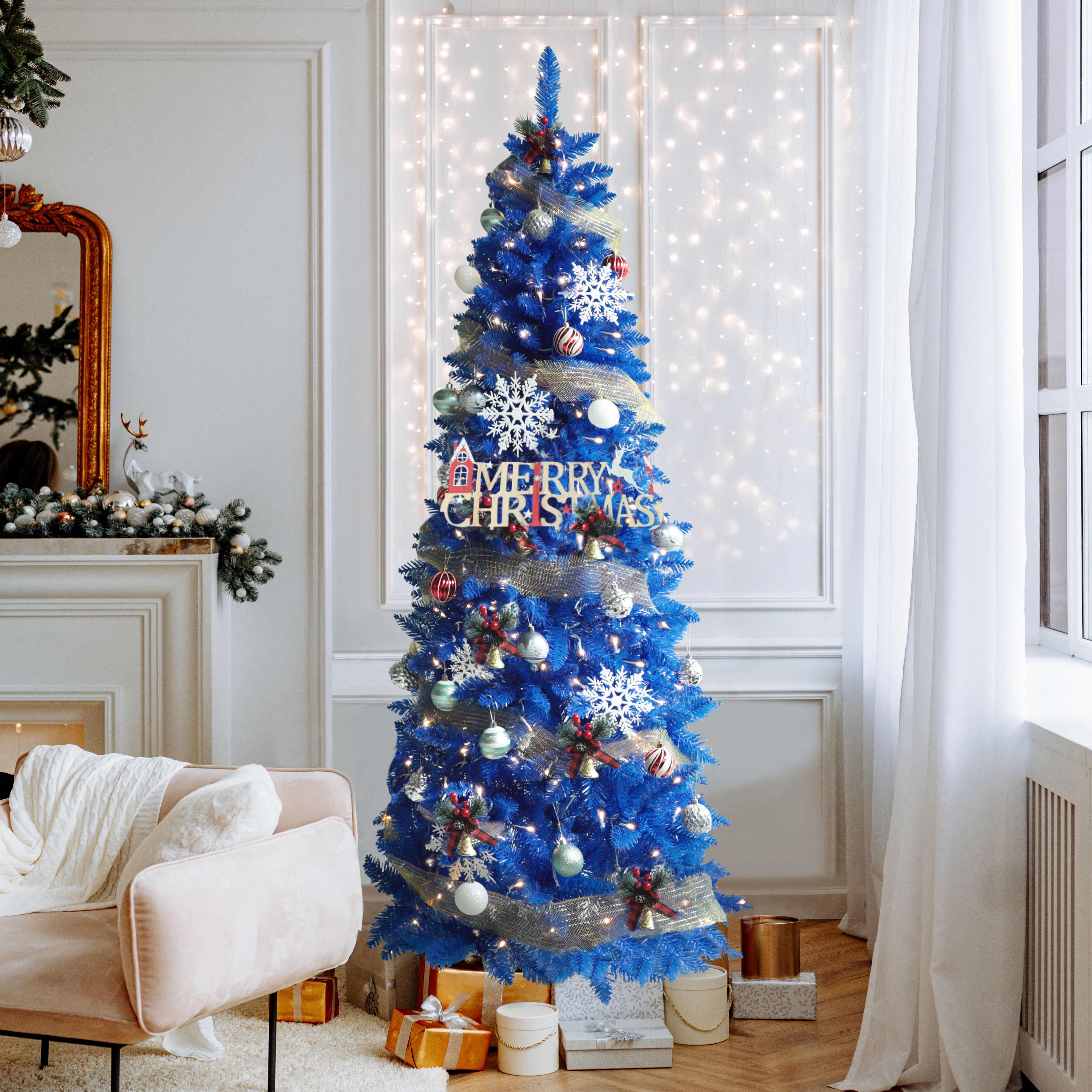 VEIKOUS 6.5ft Blue Pencil Christmas Tree PreLit w/250 Lights for ...