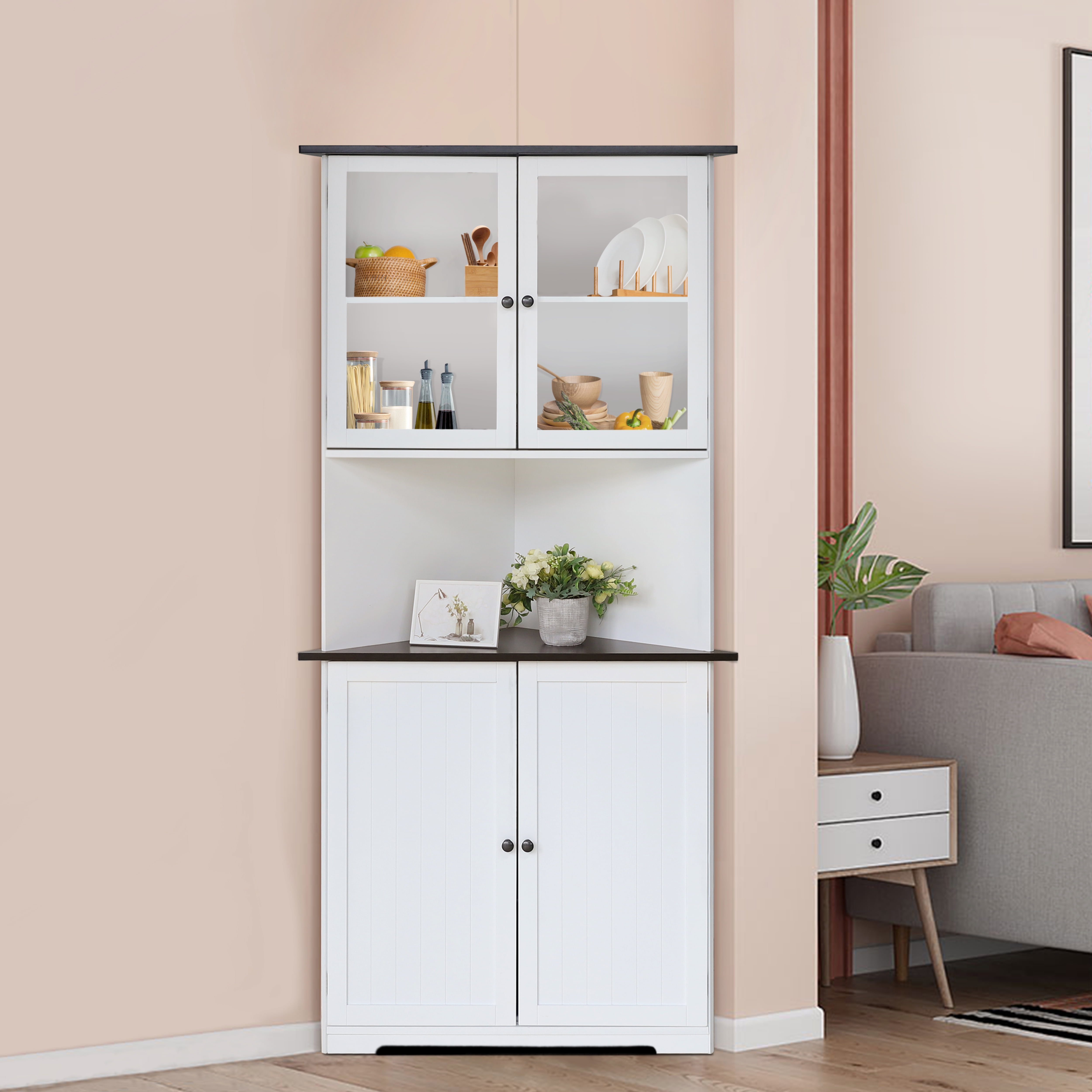 VEIKOUS 71'' Tall Corner Storage Cabinet w/ Doors & Shelves for Living ...