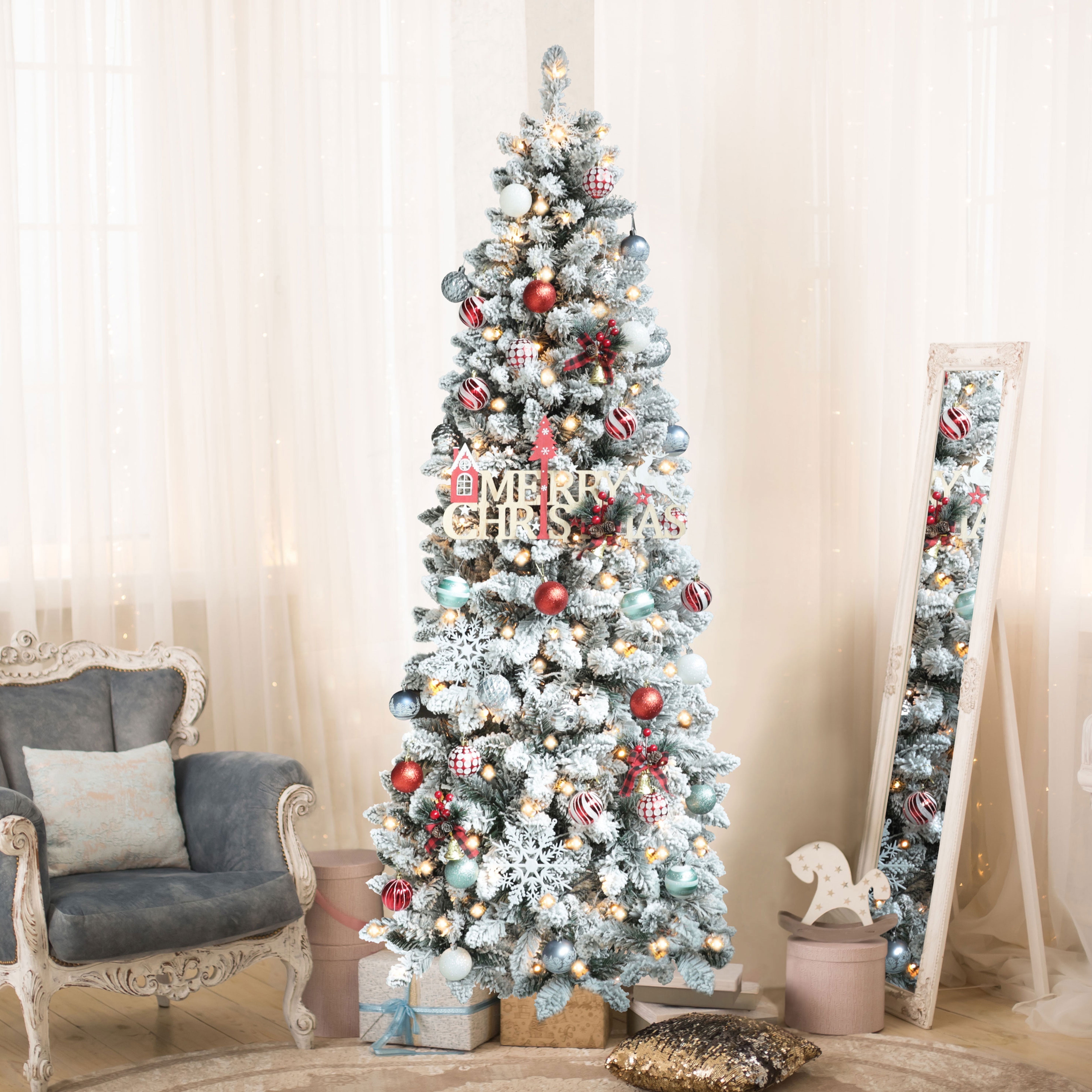 VEIKOUS 8Ft Pre-lit Slim Artificial Pencil Christmas Tree with Snow ...
