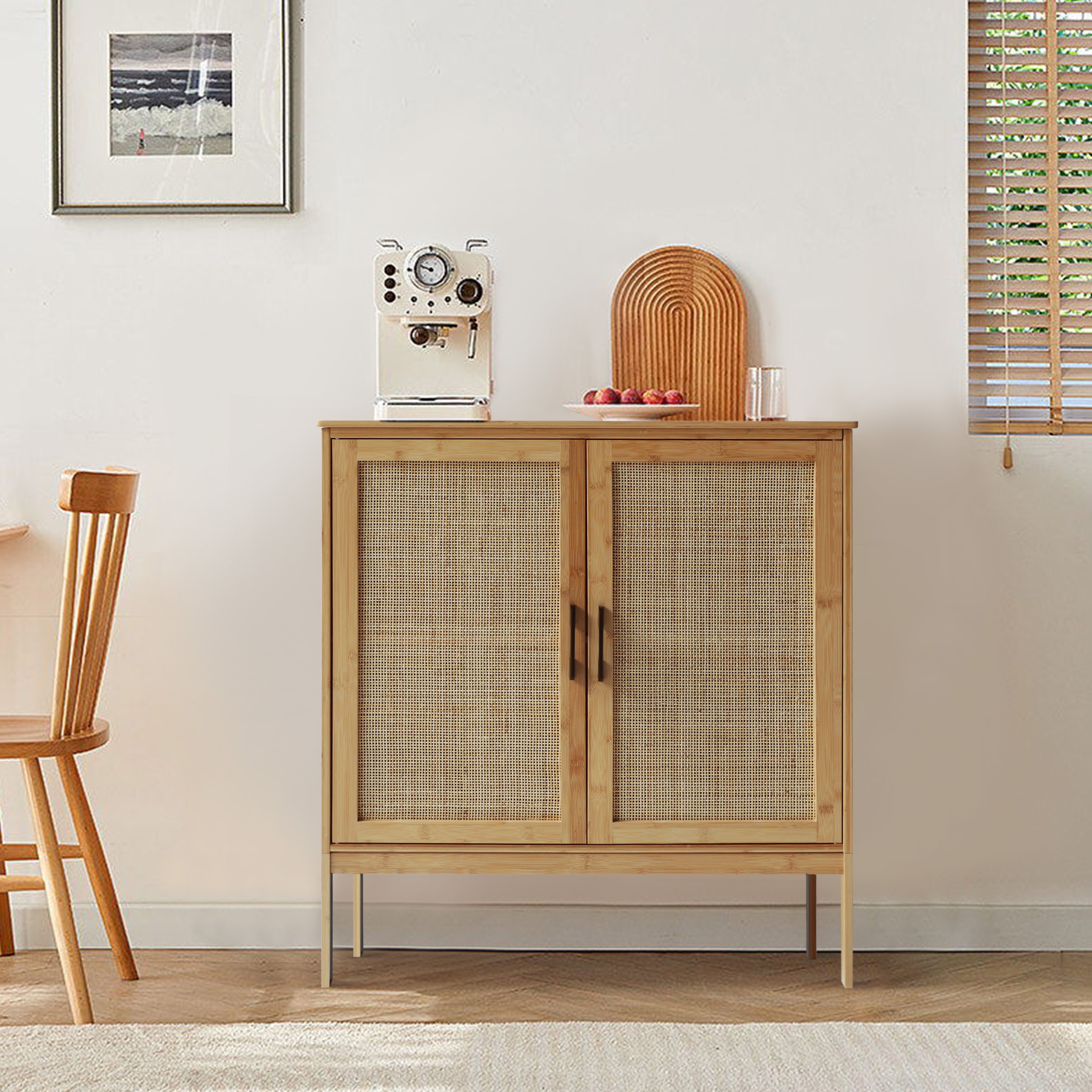 VEIKOUS Bamboo Sideboard Storage Cabinet W/ Rattan Doors, Effortless ...