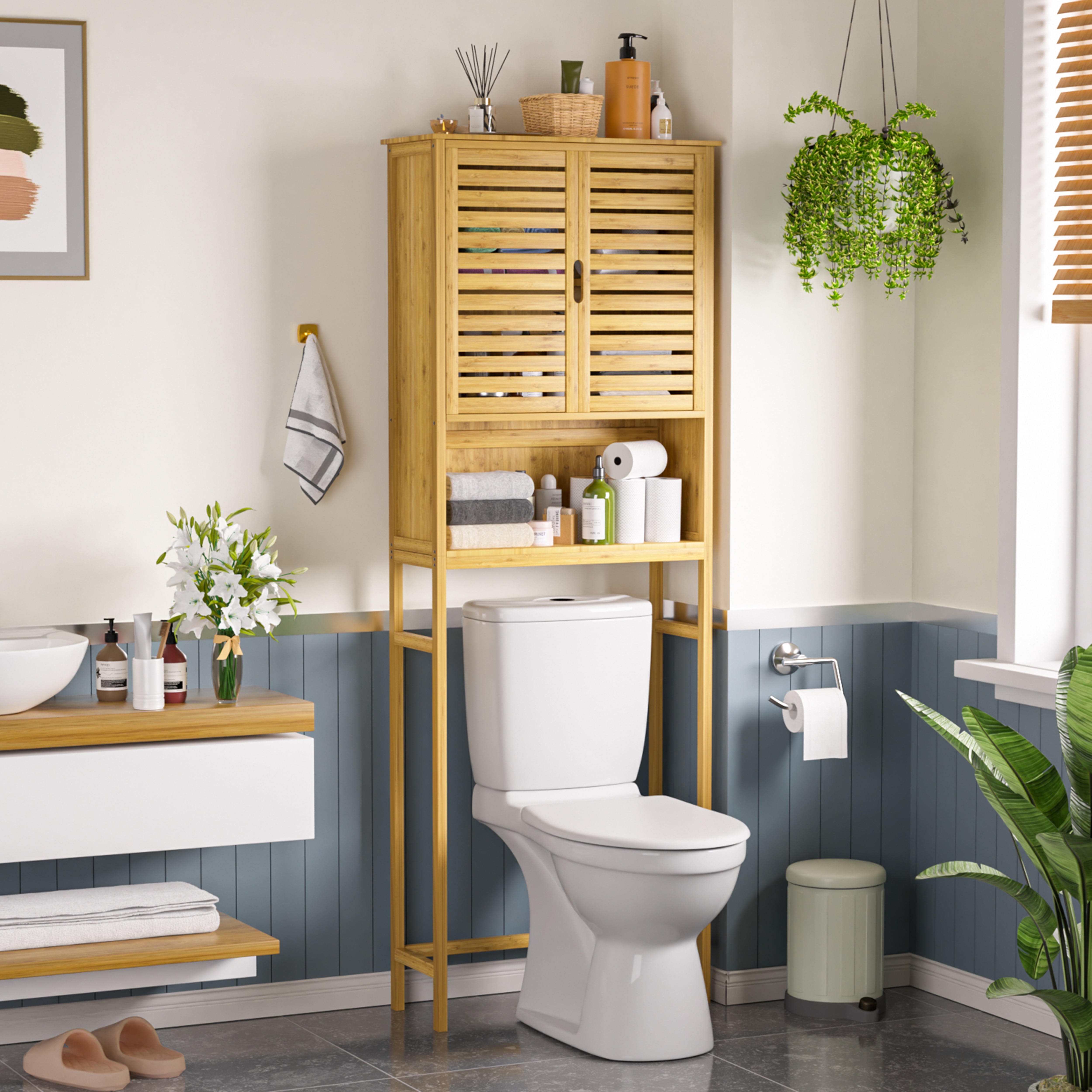 VEIKOUS Bamboo Space-Saver Bathroom Storage Cabinet with 2 Shelves ...