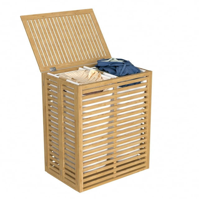 VEIKOUS Sturdy Bamboo Double Removal Laundry Hamper, Foldable Basket w ...