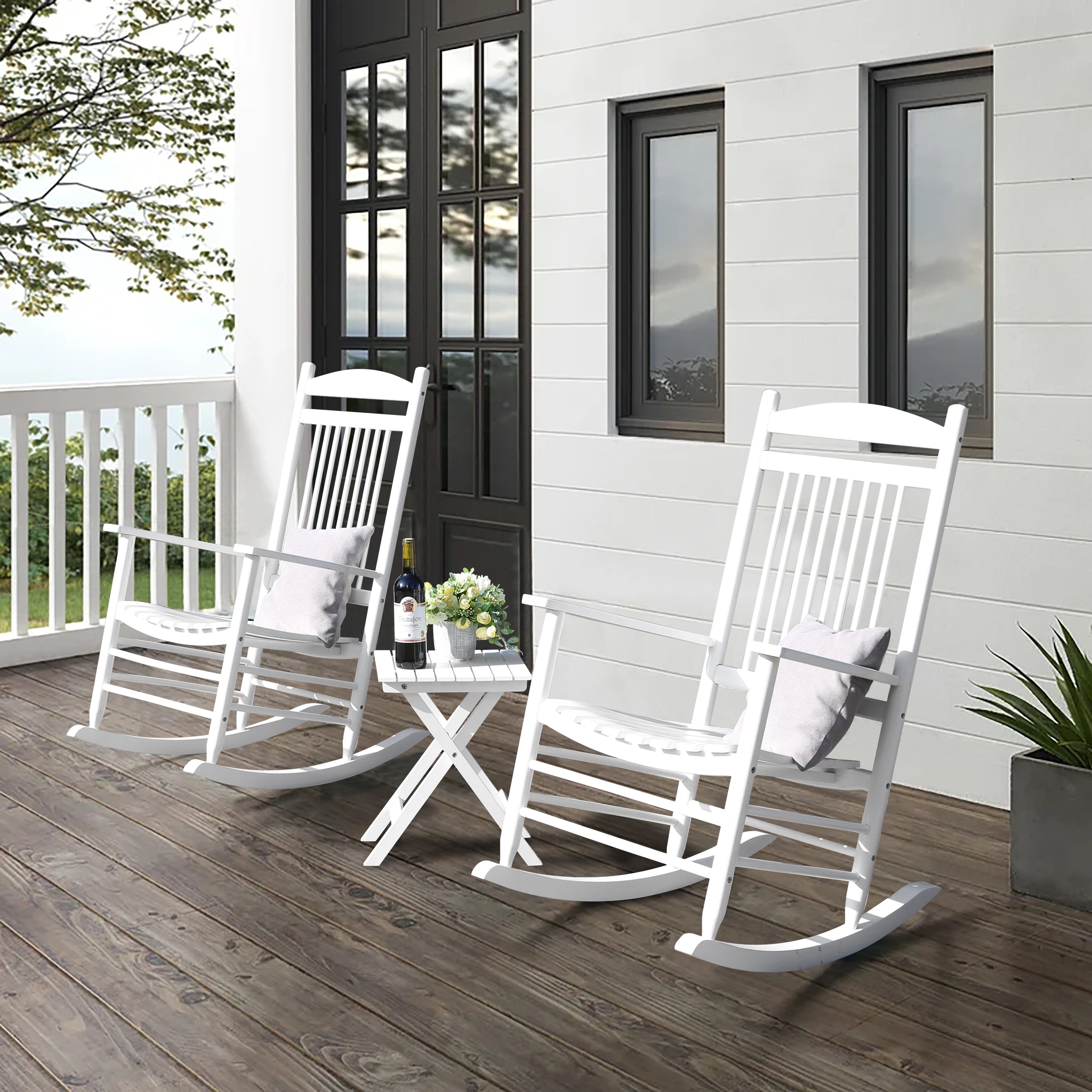 VEIKOUS 3-Piece Outdoor Rocking Set: 2 Wood Rockers & 1 Foldable Table ...