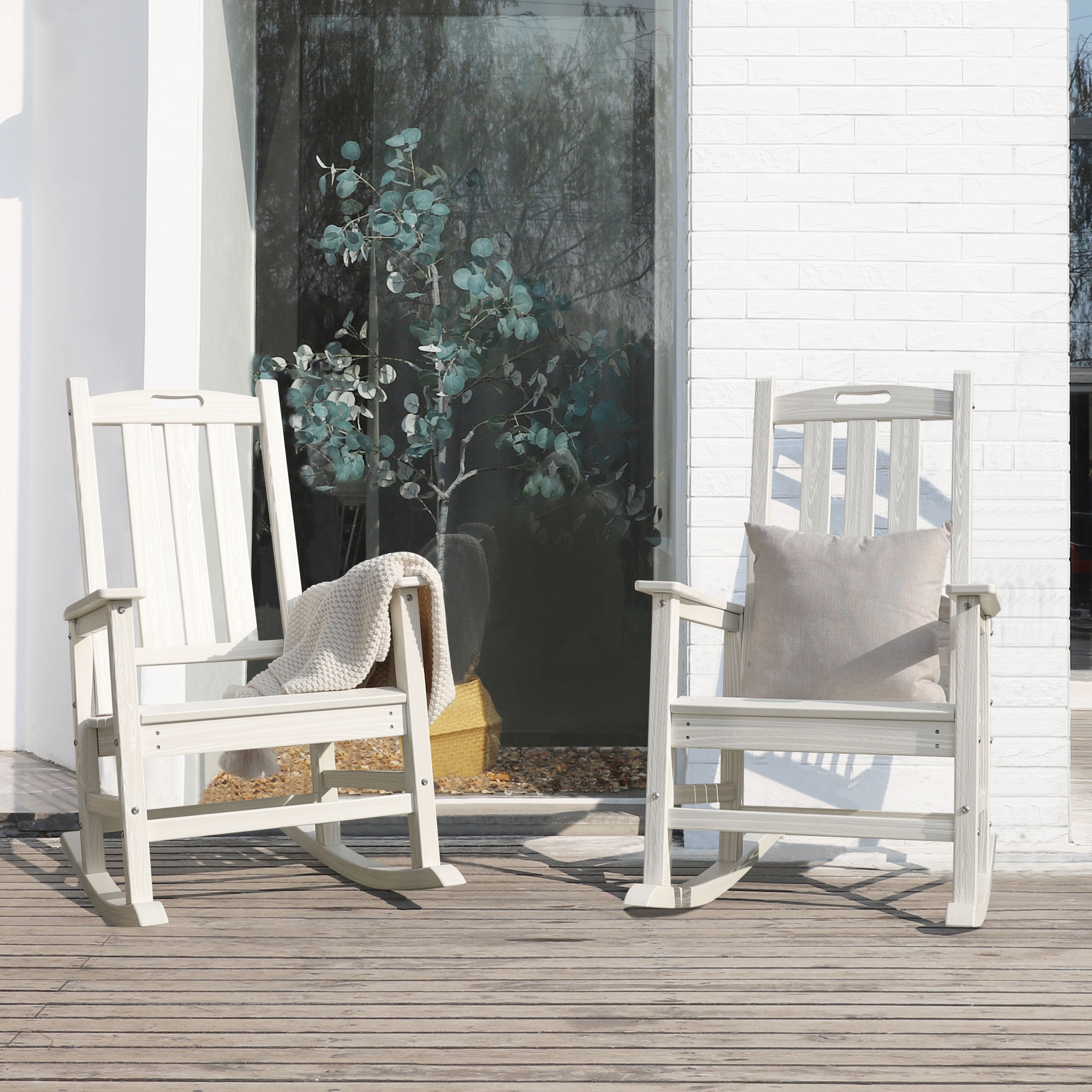 VEIKOUS Outdoor Rocking Chair Set of 2, Wood Porch Rocker Set w/High ...
