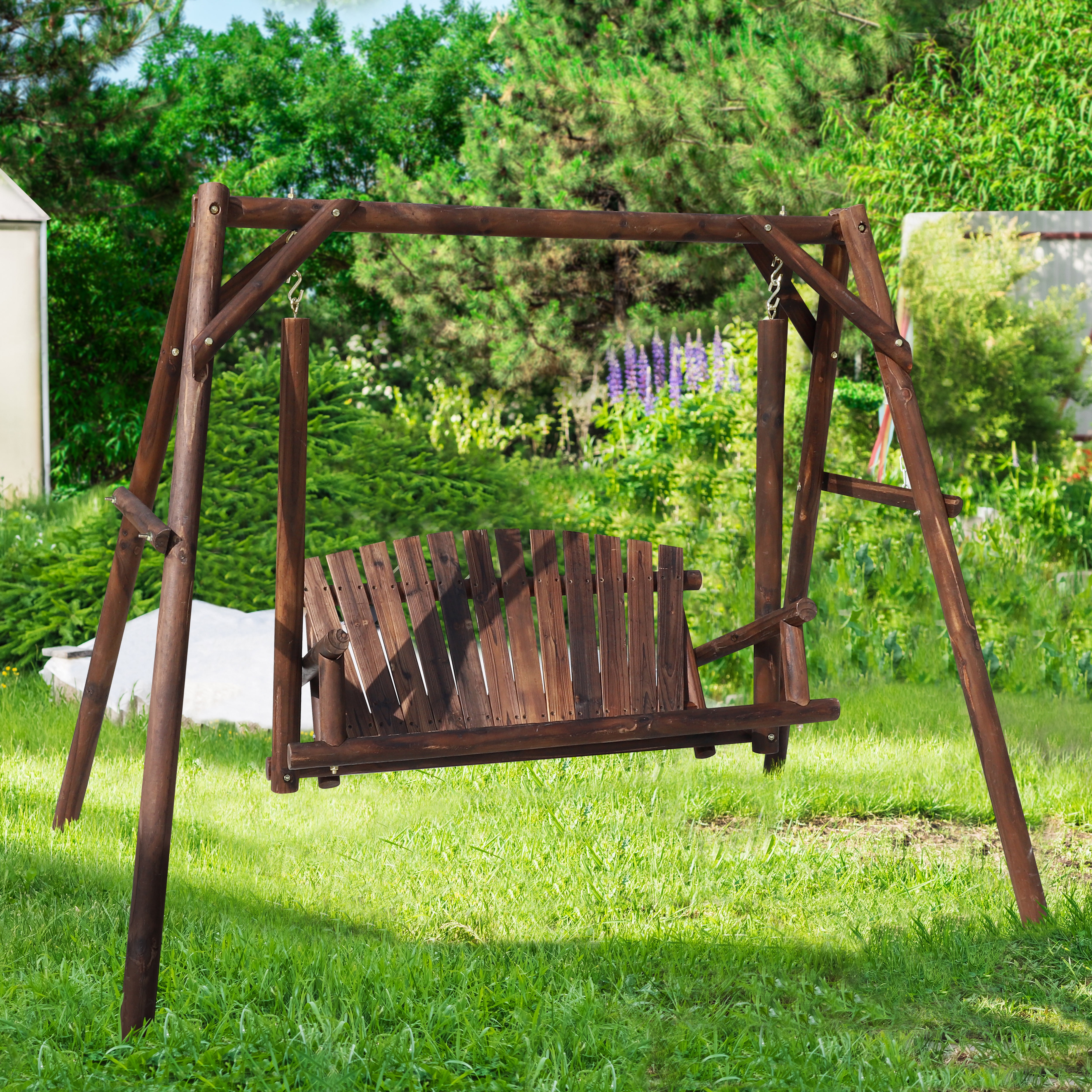 VEIKOUS Weather-Resistant Wooden Porch Swing with Metal Hooks, 2-Person ...