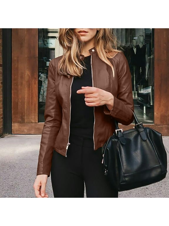 Ichuanyi Women Cool Faux Leather Jacket Long Sleeve Zipper Fitted Coat Fall Short Jacket ...