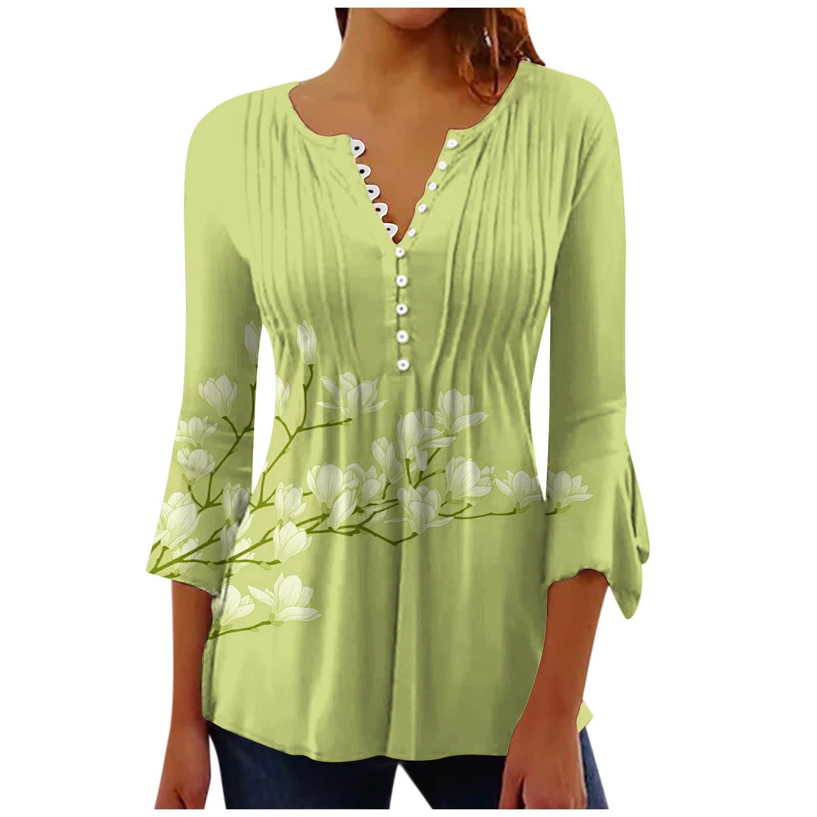 Vekdone 2024 Clearance 3 4 Sleeve Shirts For Women Trendy Button V Neck