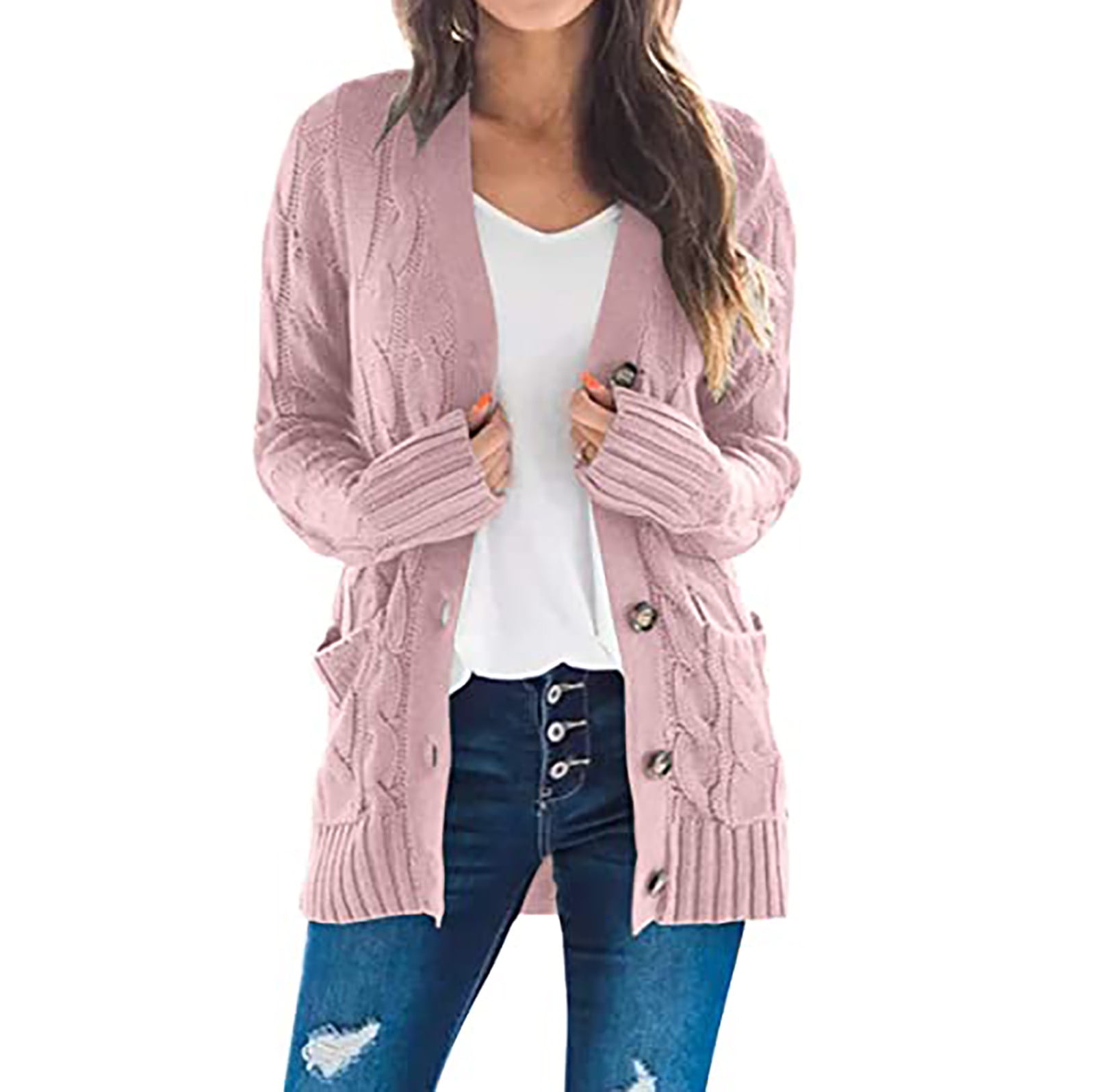 Vekdone 2024 Clearance Womens Long Sleeve Cable Knit Cardigan Sweaters