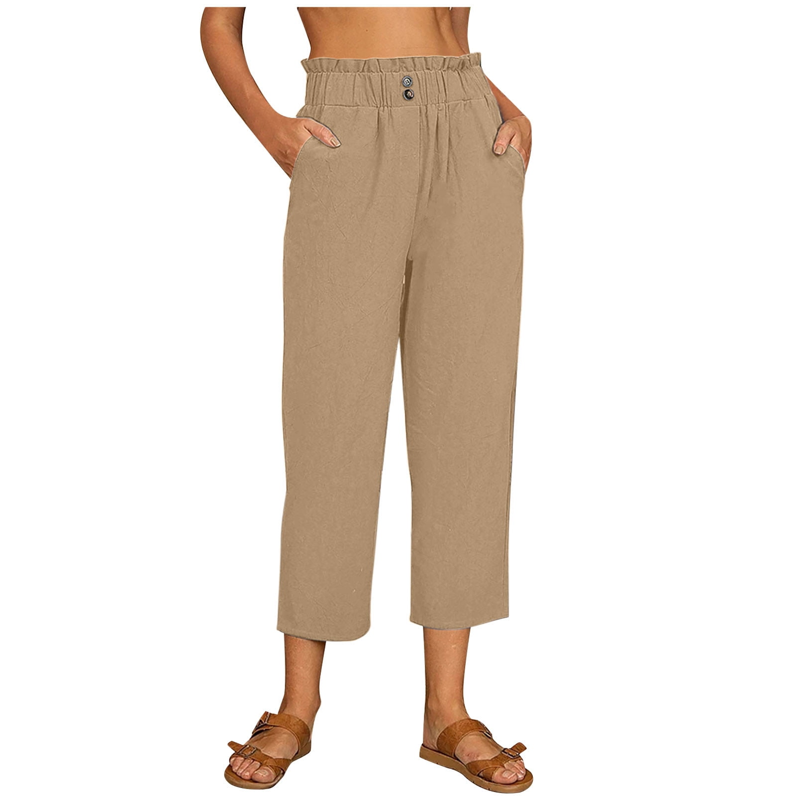 Vekdone 2024 Trendy Cotton Linen Pant For Women Solid Color Button