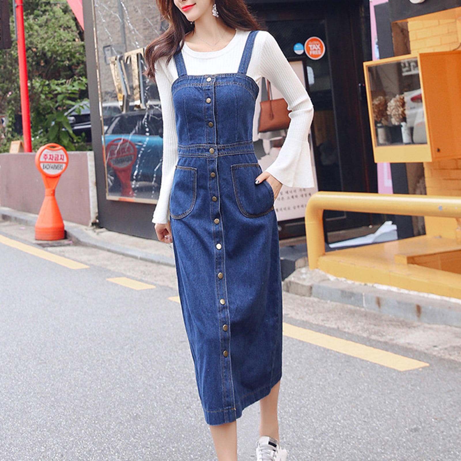 VEKDONE 2025 Denim Pinafore Dress for Women Button Strap Overalls ...