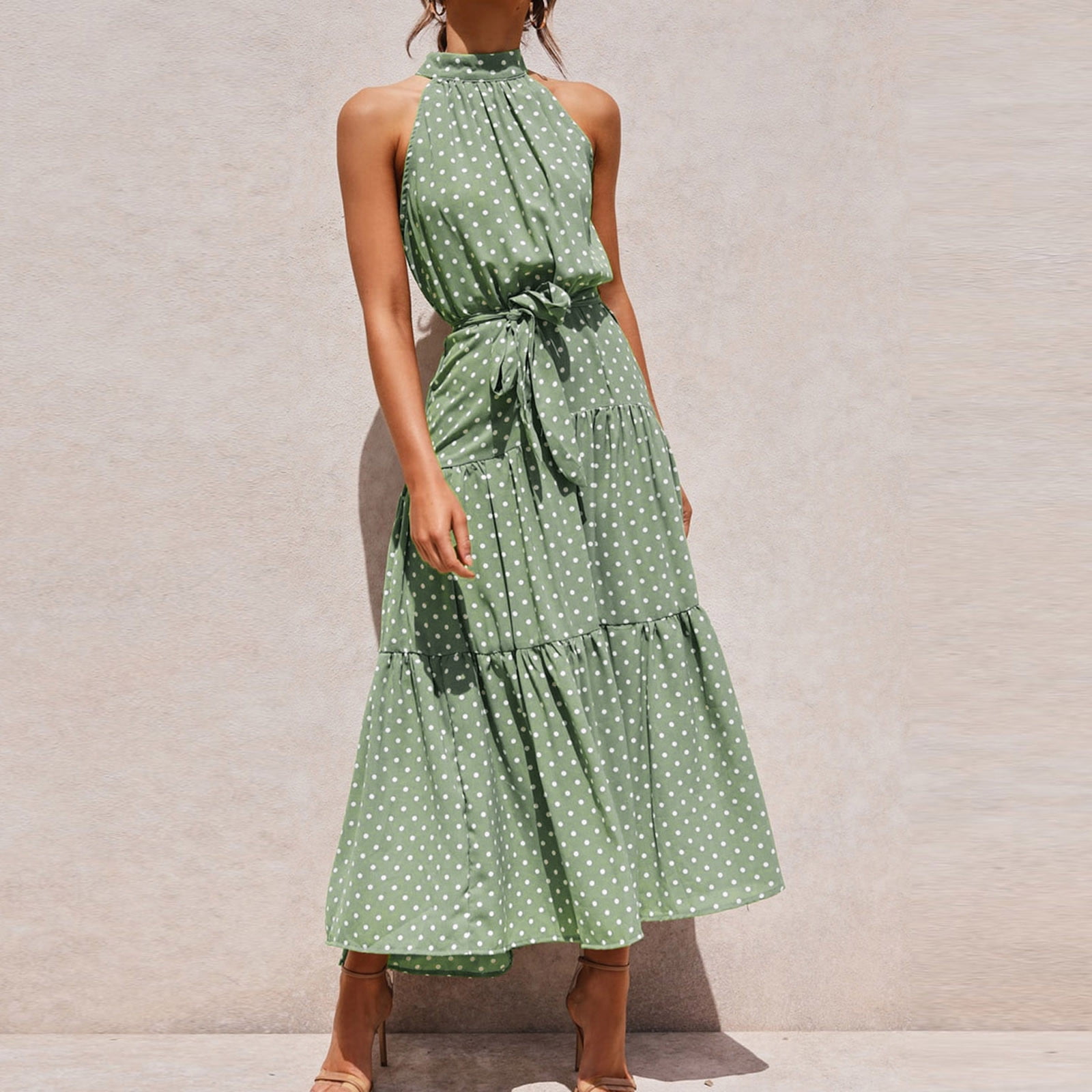 VEKDONE 2025 Clearance Women Summer Polka Dot Sleeveless Dress Halter ...