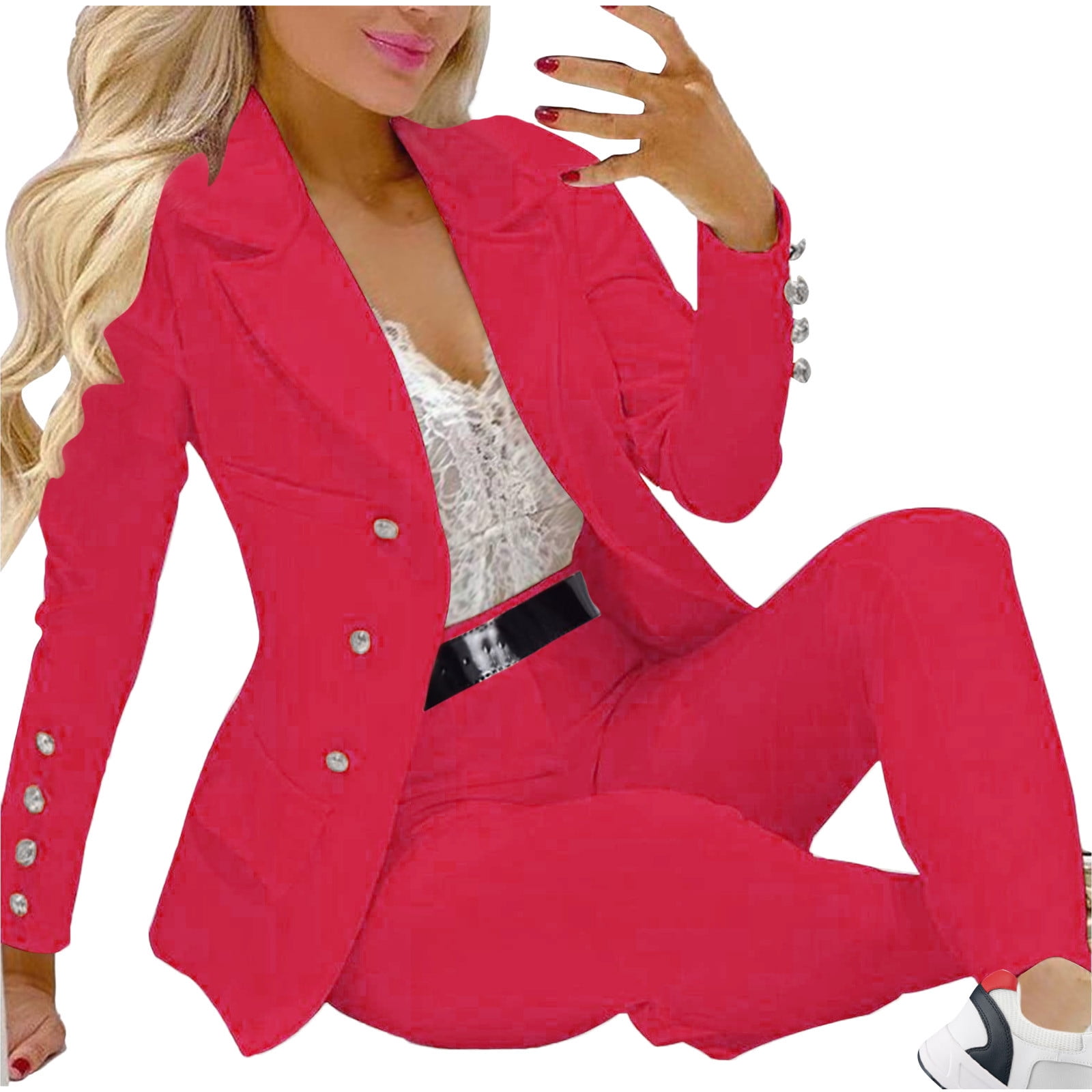 VEKDONE 2025 Womens 2 Piece Suit Solid Open Front Long Sleeve Blazer ...