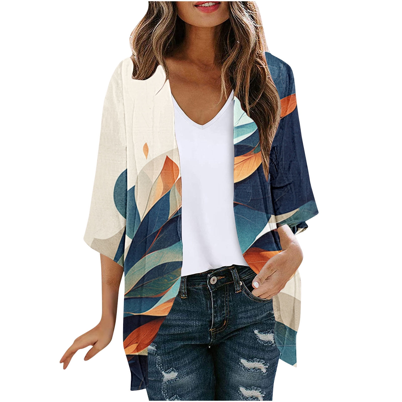 VEKDONE 3/4 Puff Sleeve Chiffon Cardigan for Women Fashion Print ...