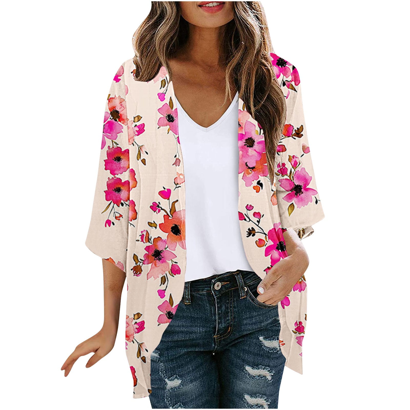 VEKDONE 3/4 Puff Sleeve Chiffon Cardigan for Women Fashion Print ...