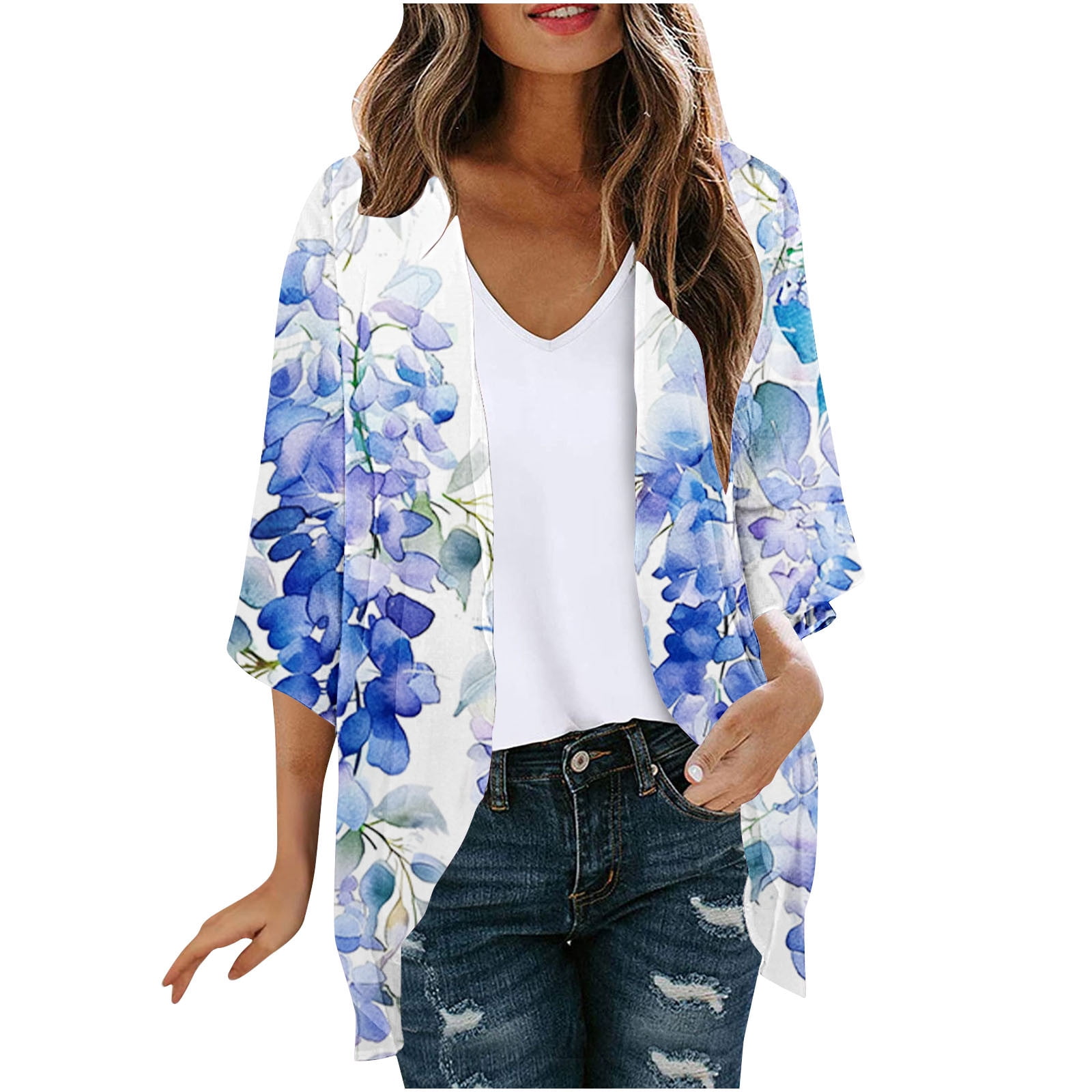 VEKDONE 3/4 Puff Sleeve Chiffon Cardigan for Women Fashion Print ...
