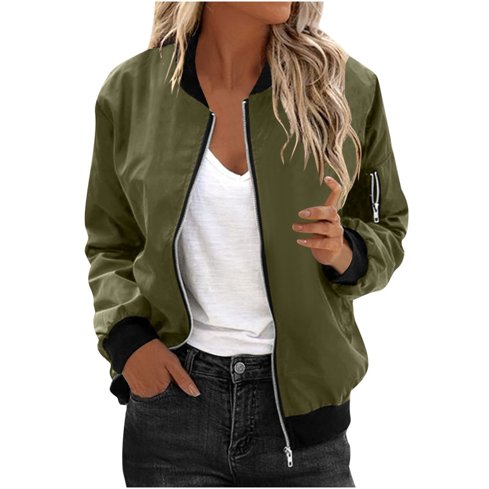 VEKDONE Bomber Jackets for Women Trendy Full Zip Up Mock Neck Jacket ...