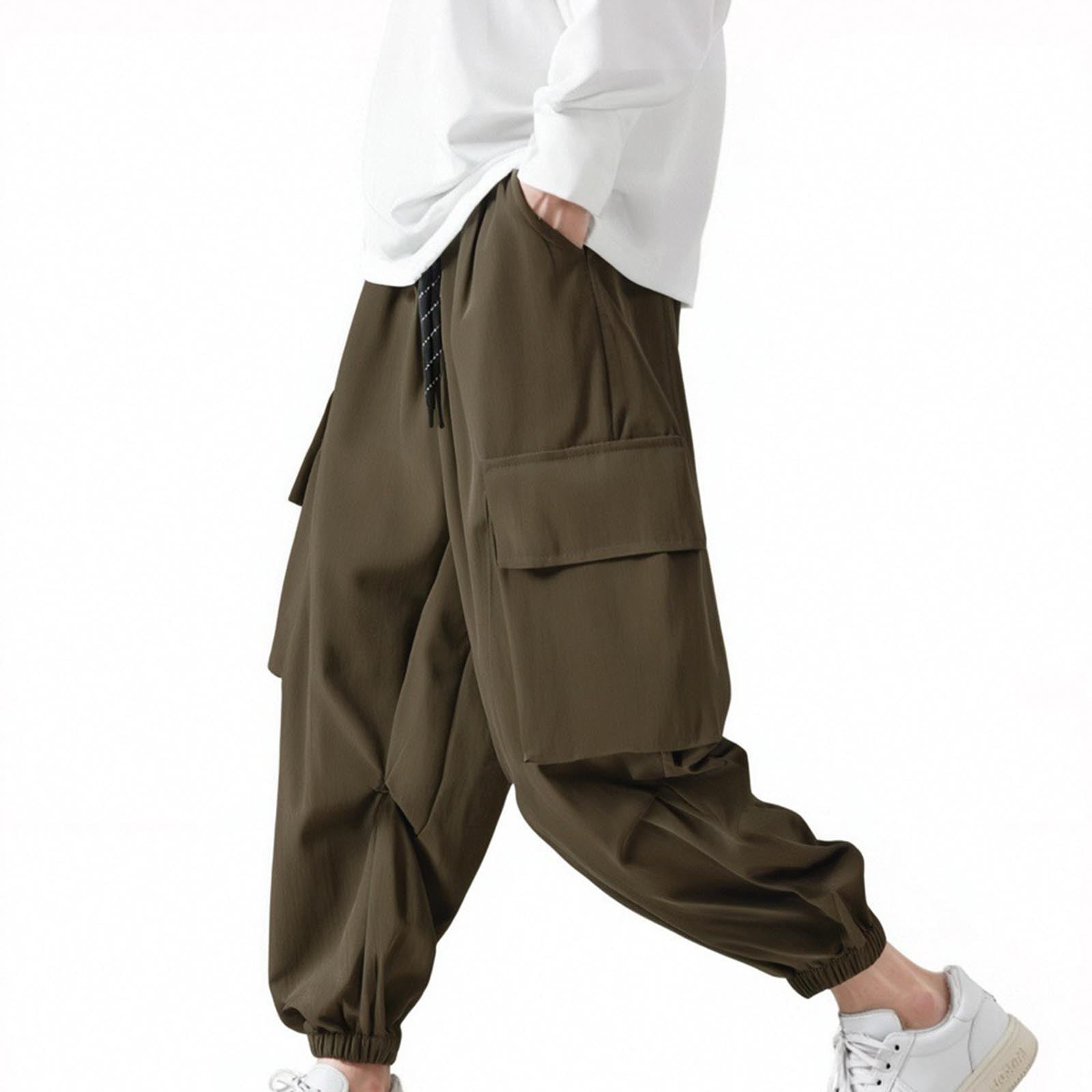 VEKDONE Boys Cargo Pants Elastic Waisted Drawstring Tapered Pants Solid Color Multi Pockets ...