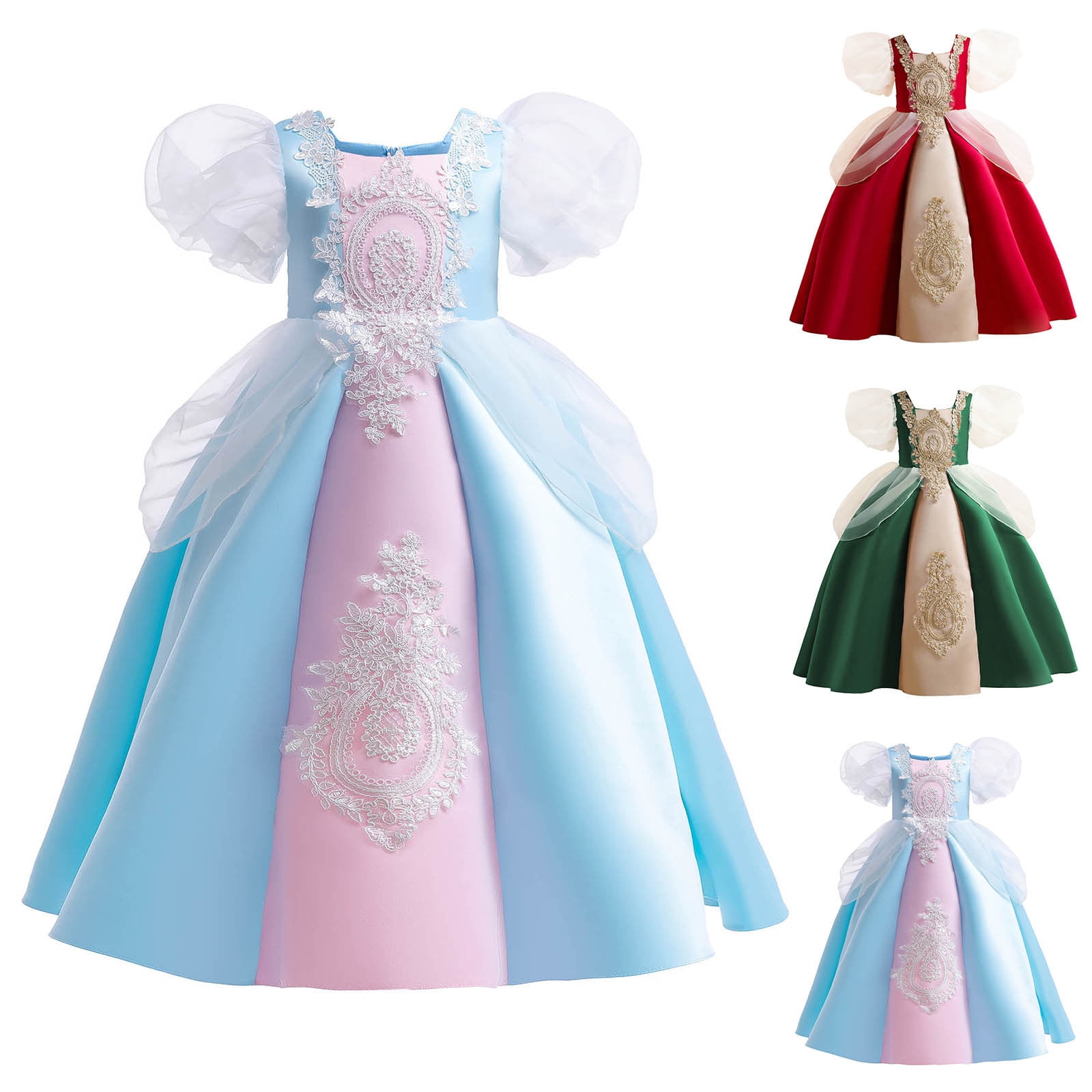 VEKDONE Toddler Kids Satin Tulle Dresses Flower Girl Lace Puff Sleeve ...
