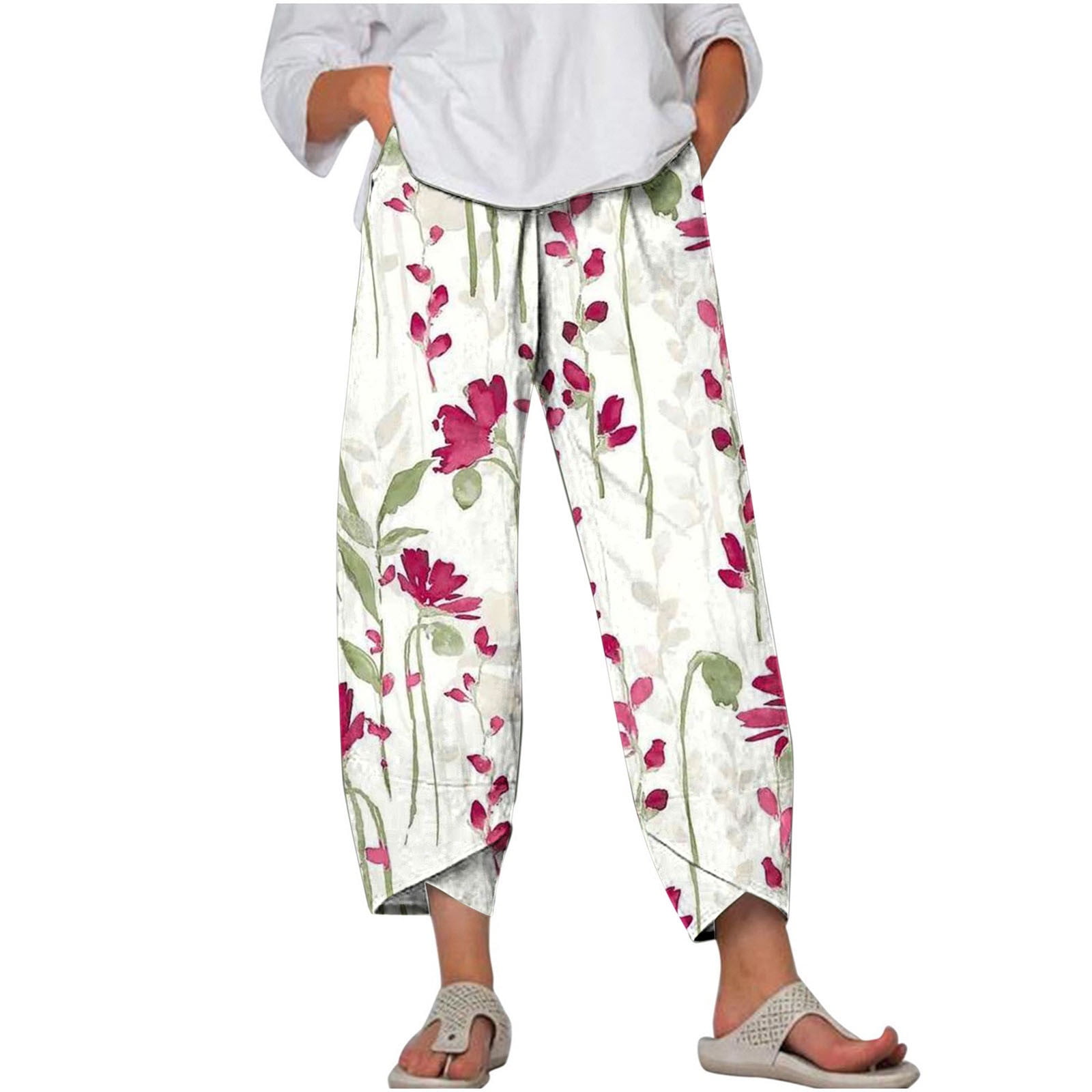 Vekdone Cotton Linen Capri Pants For Women Flower Graphic High Waisted