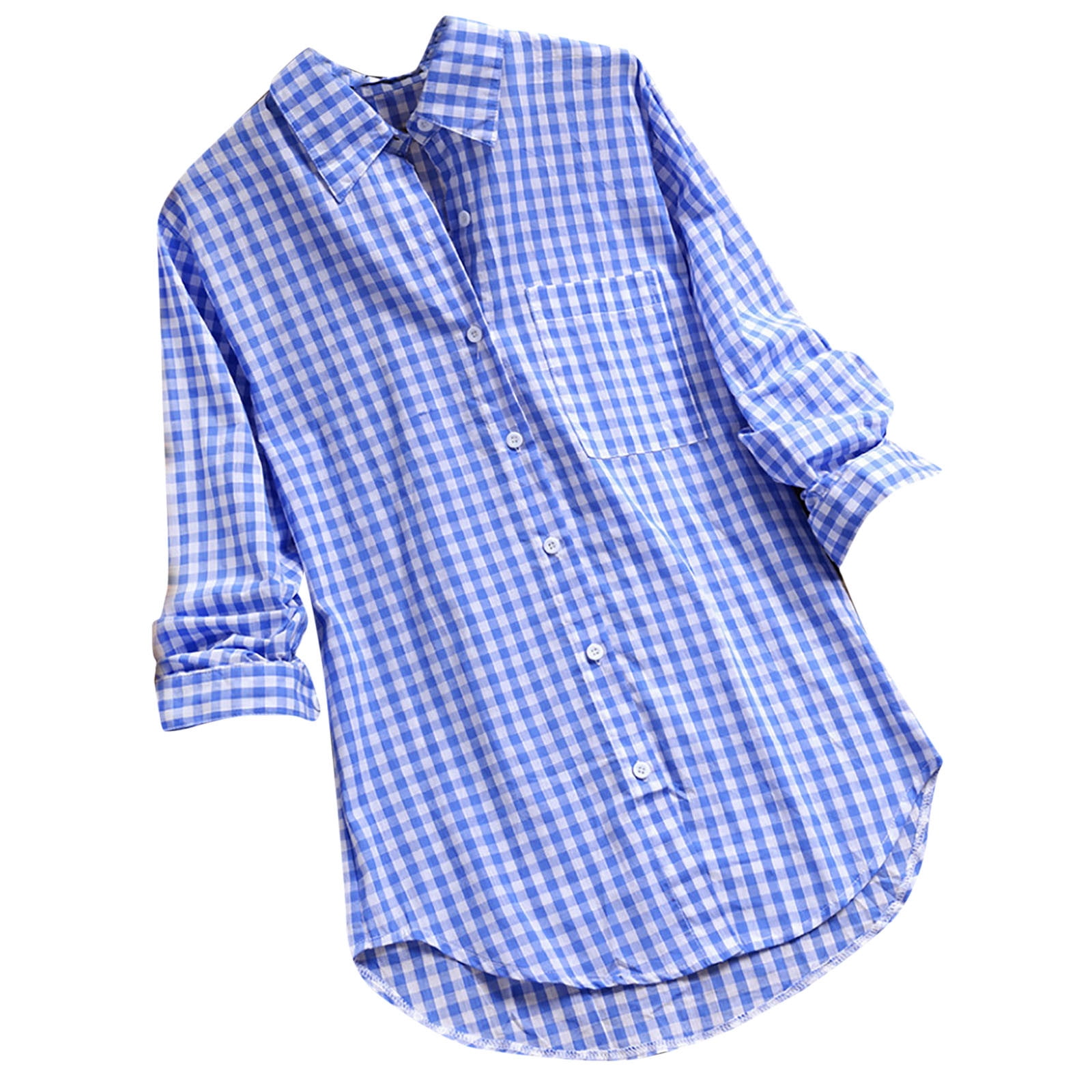 VEKDONE Cotton Linen Plaid Shirts for Women Long Sleeve Button Lapel Blouse with Pockets Summer ...