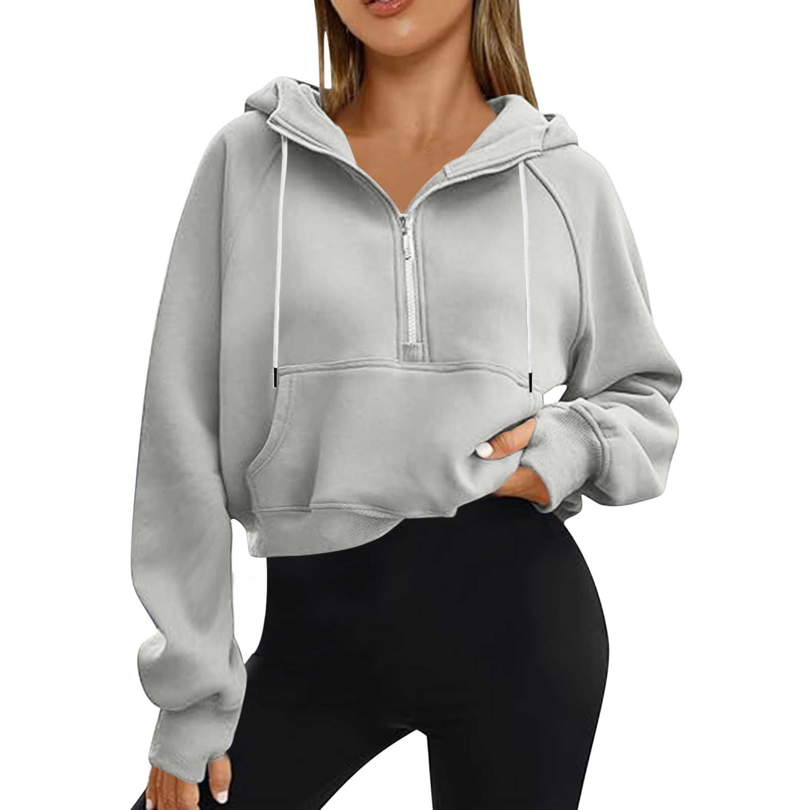 VEKDONE Cropped Hoodies for Women Half Zip Drawstring Hooded Sweatshirt with Thumb Holes Fall ...