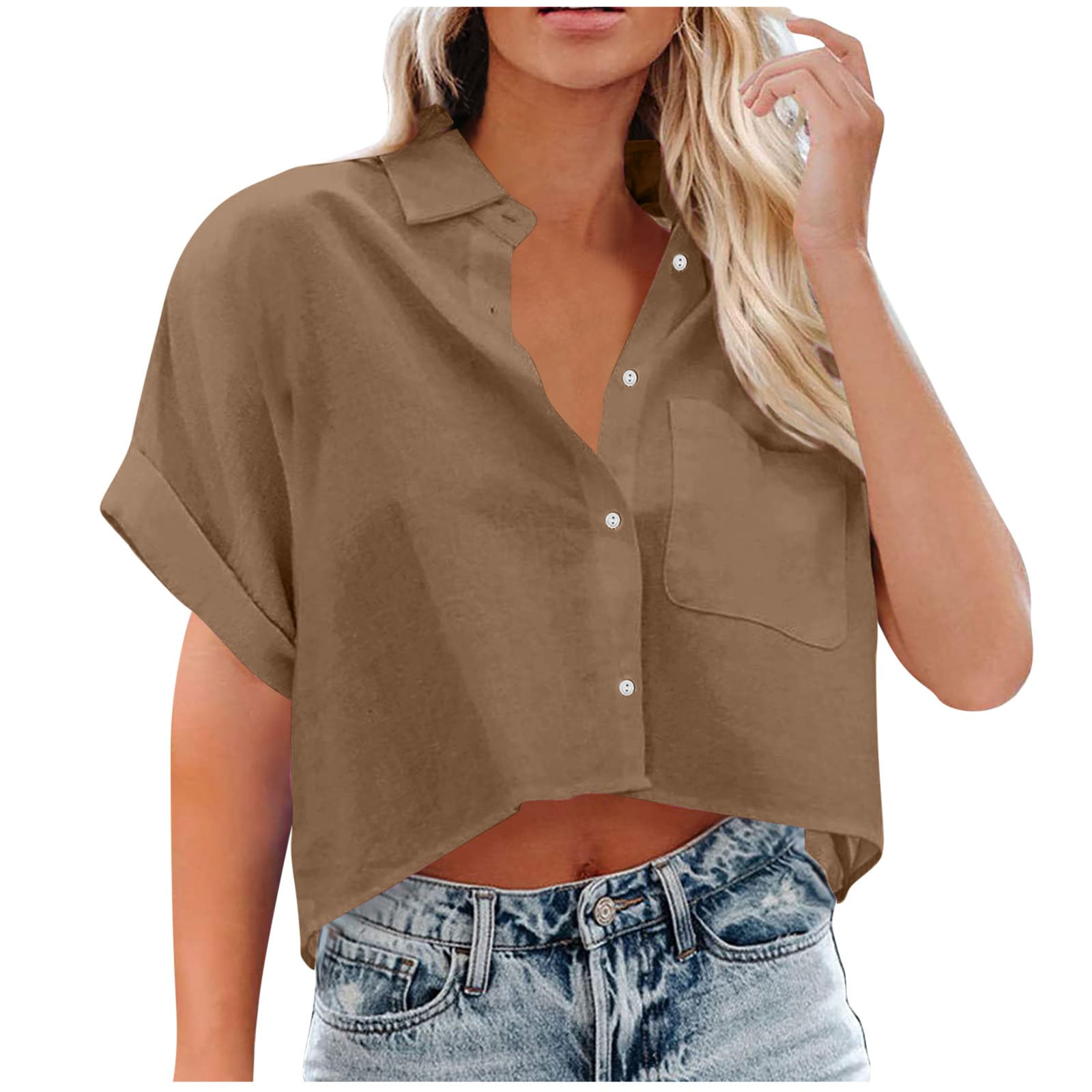 VEKDONE Linen Cropped Shirts for Women Summer Short Sleeve Button Lapel Tunics Tops High-Low Hem ...