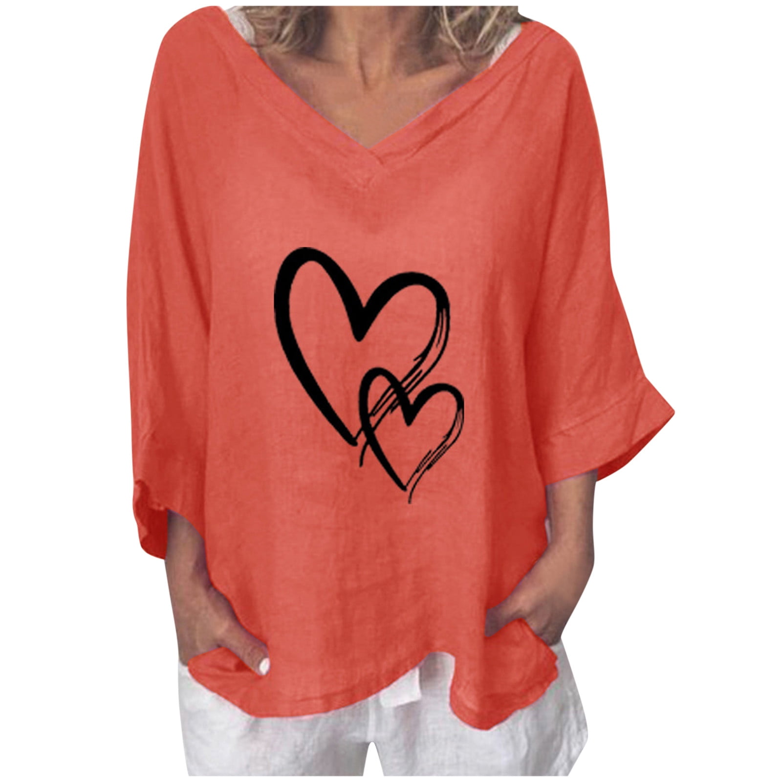 VEKDONE Love Heart Graphic Tees for Women Cotton Linen Blouse Summer 3/4 Sleeve V-Neck Tshirts ...