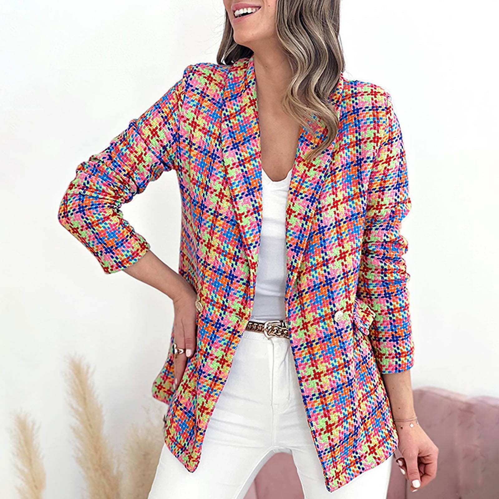VEKDONE Plaid Tweed Blazer Jackets Womens Vintage Boyfriend Blazer ...