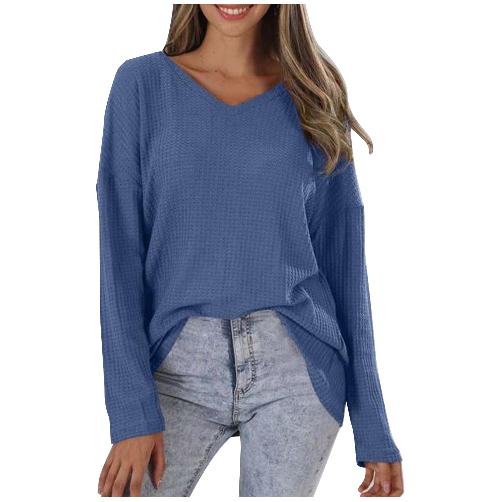 VEKDONE Plus Size Waffle Shirts for Women 2025 Clearance Sales Long Sleeve V-neck Tunics Tops ...