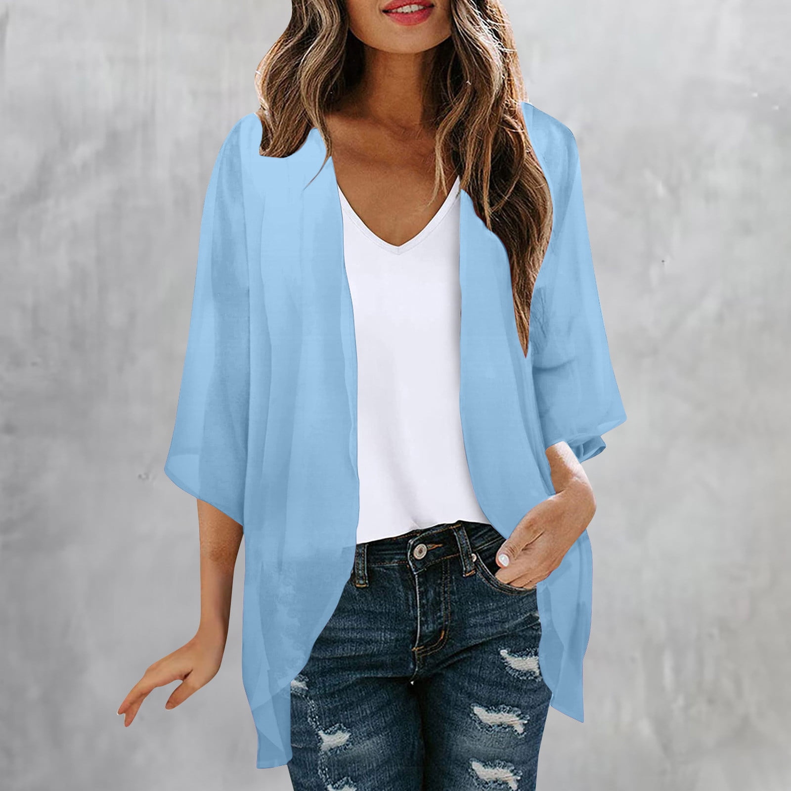 VEKDONE Solid Color Cardigan for Women Summer 3/4 Sleeve Beach Cover ...