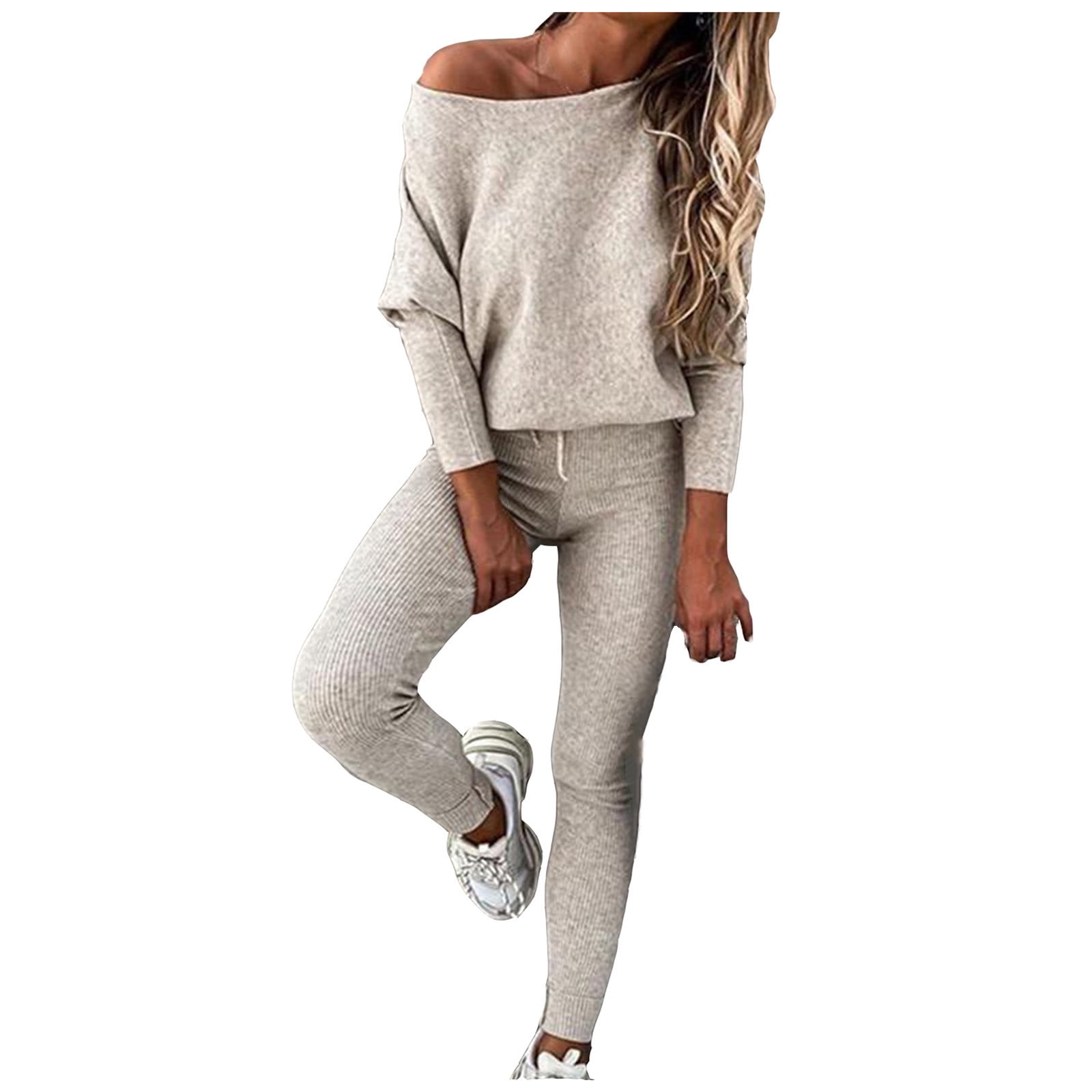 VEKDONE Solid Color Sweatshirt Set 2025 Clearance Off Shoulder Loose ...