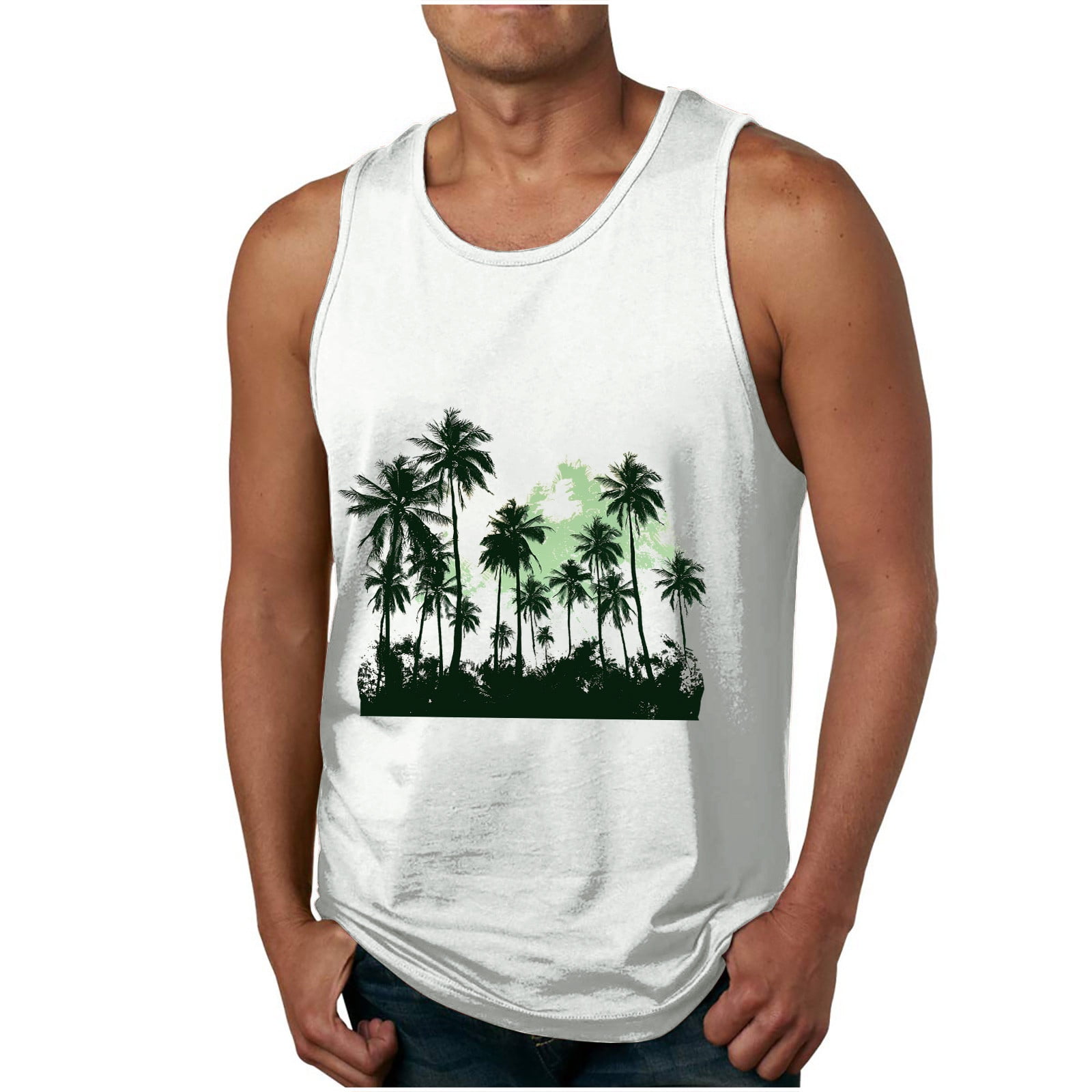 VEKDONE Tropical Beach Tank Tops for Men Summer Sleeveless Workout Muscle Tanks Palm Tree ...