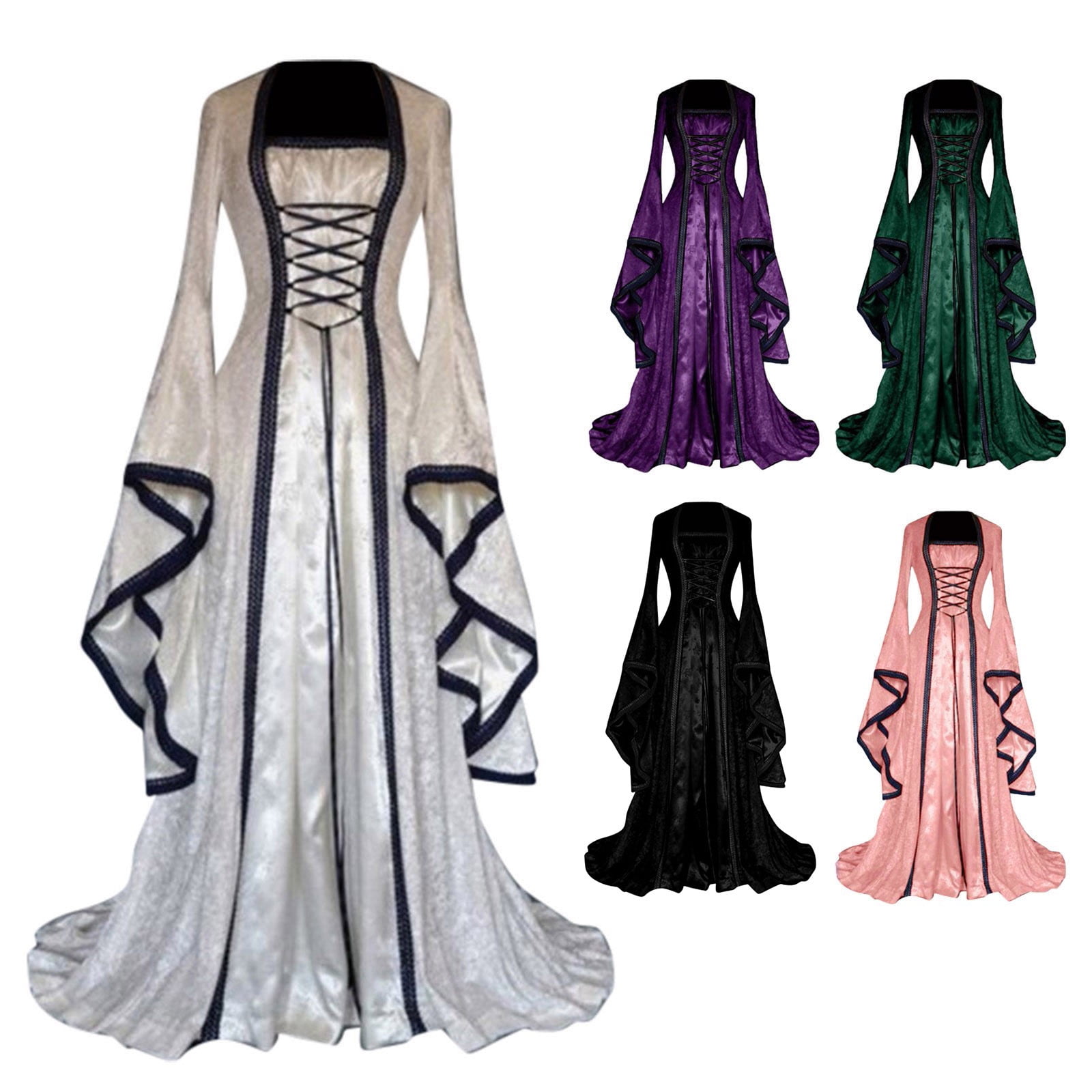 VEKDONE Women Plus Size Medieval Renaissance Long Dress Retro Trumpet ...
