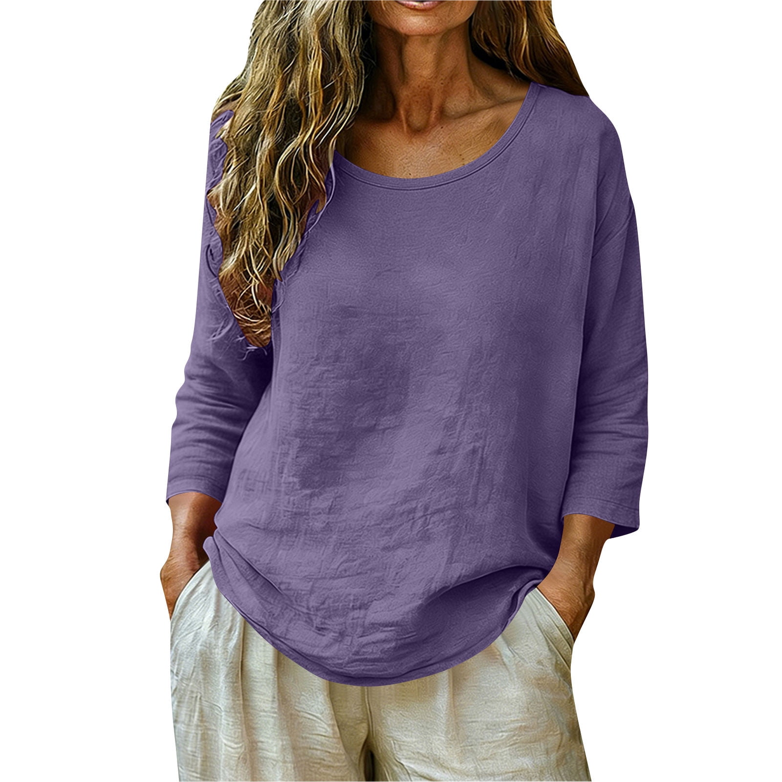 VEKDONE Women's 3/4 Sleeve Cotton Linen Shirts Summer Loose Fit ...