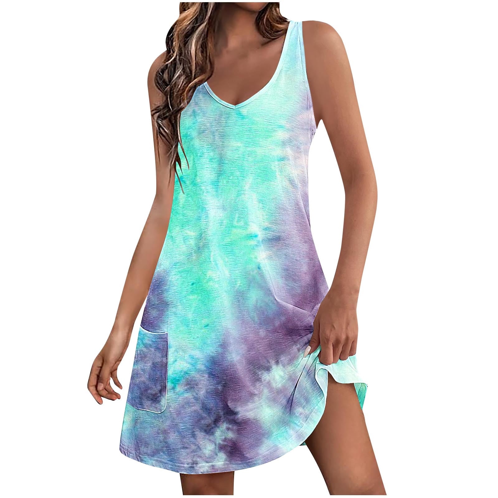 VEKDONE Womens Summer Sundresses Casual Sleeveless V-Neck Tie-Dye Dress ...