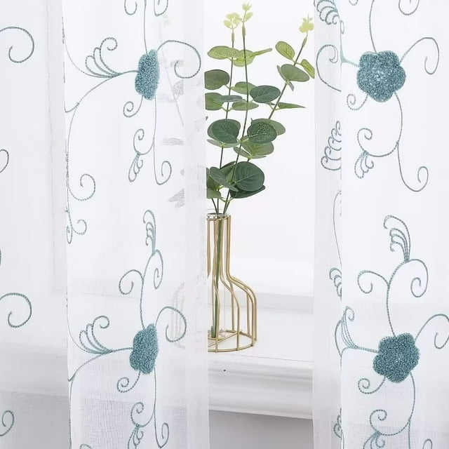 VELBAY Semi Sheer Curtains 63 Inch Length Living Room Embroidered Curtains 2 Panel Sets Blue ...